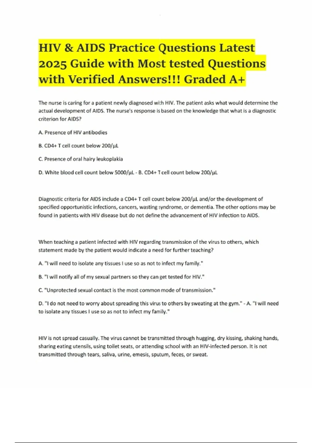 NCLEX HIV/AIDS Practice Questions 2025: Most Tested Q&A | Verified ...