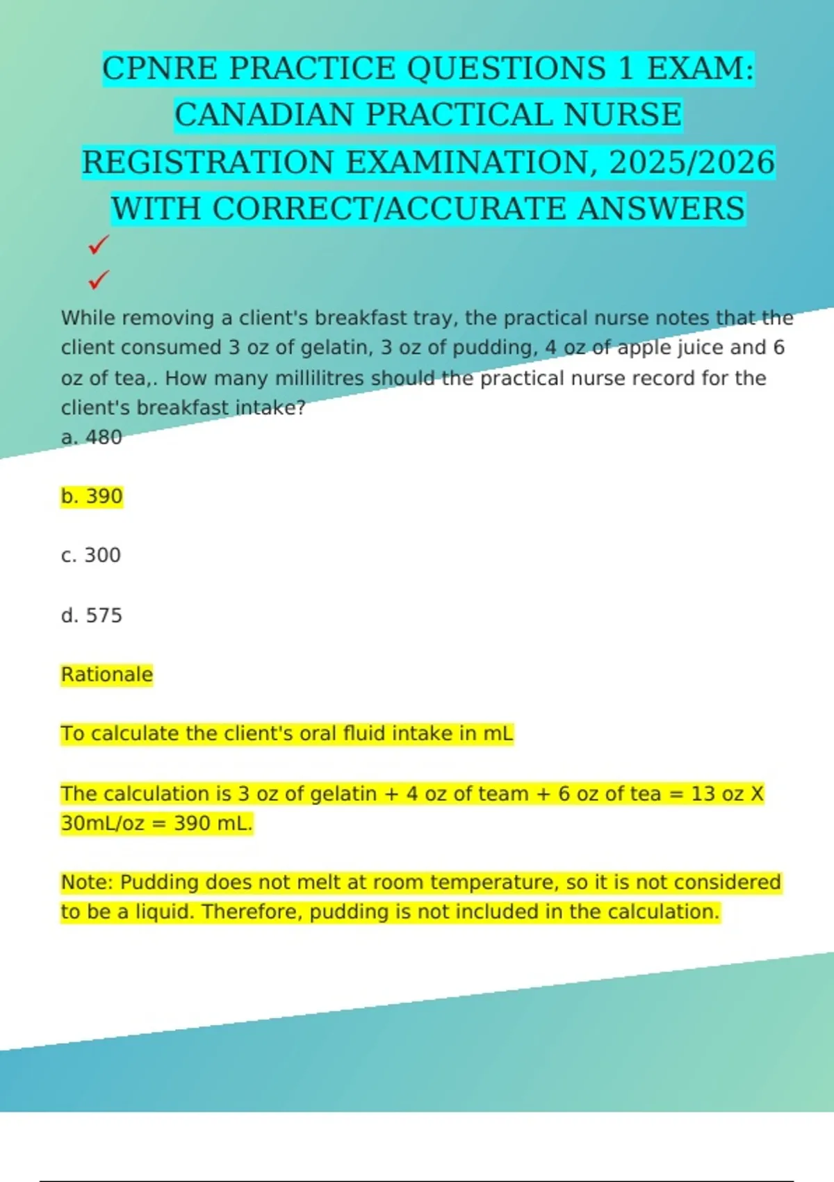 CPNRE PRACTICE QUESTIONS 1 EXAM: CANADIAN PRACTICAL NURSE REGISTRATION ...