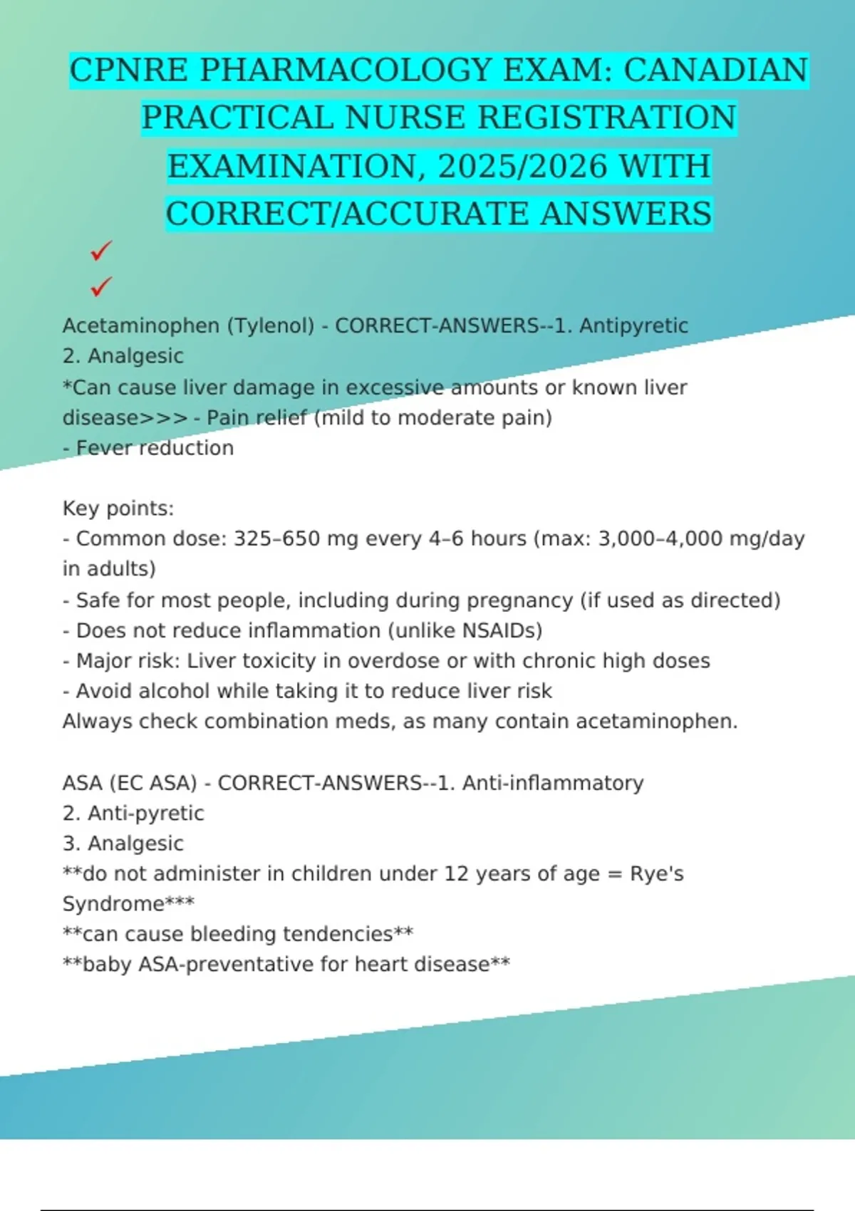 CPNRE PHARMACOLOGY EXAM: CANADIAN PRACTICAL NURSE REGISTRATION ...