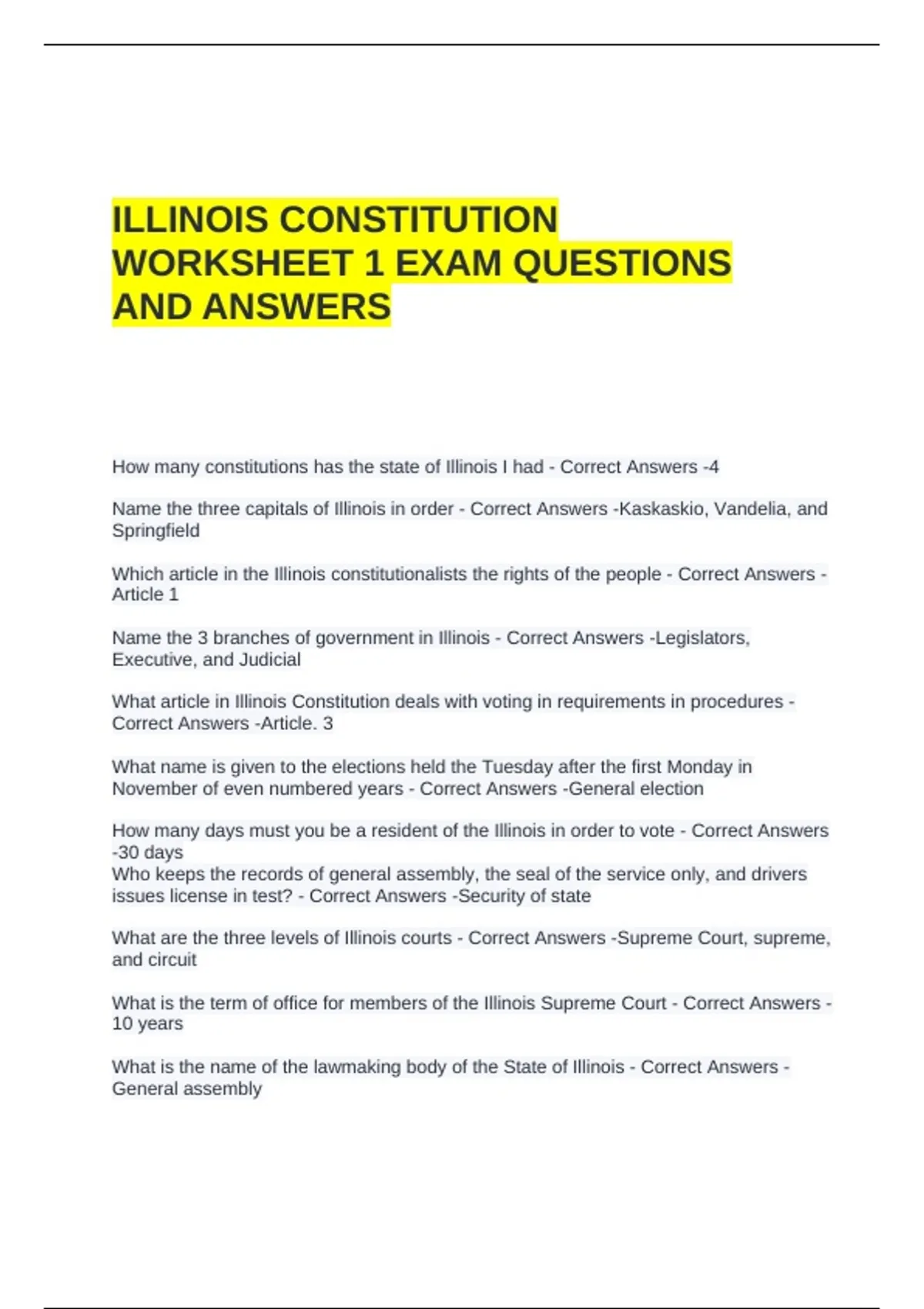 ILLINOIS CONSTITUTION WORKSHEET 1 EXAM QUESTIONS AND ANSWERS - ILLINOIS ...