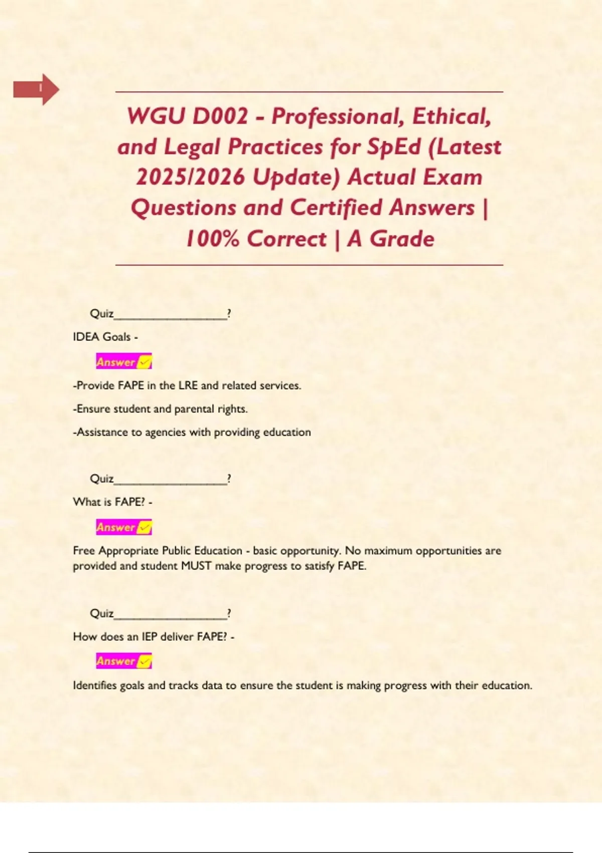 WGU D002 - Professional, Ethical, and Legal Practices for SpEd (Latest ...