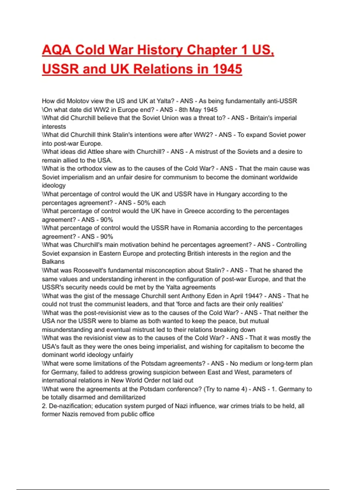 AQA Cold War History Chapter 1 US, USSR and UK Relations in 1945 Exam ...