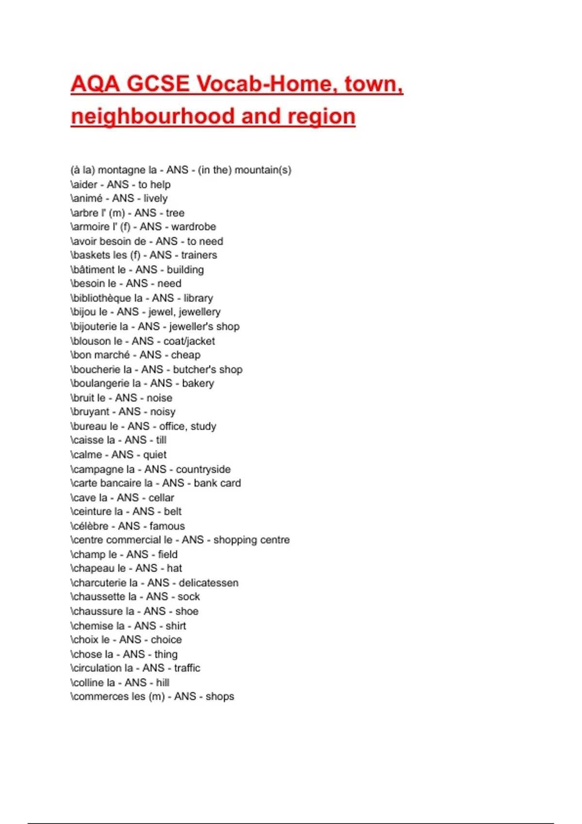 AQA GCSE Vocab-Home, town, neighbourhood and region Exam 2025/2026 ...
