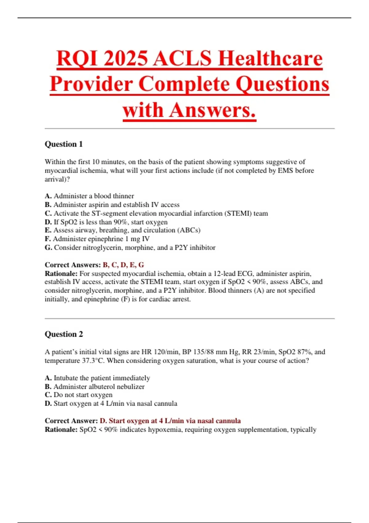 RQI 2025 ACLS Healthcare Provider Complete Questions with Answers ...