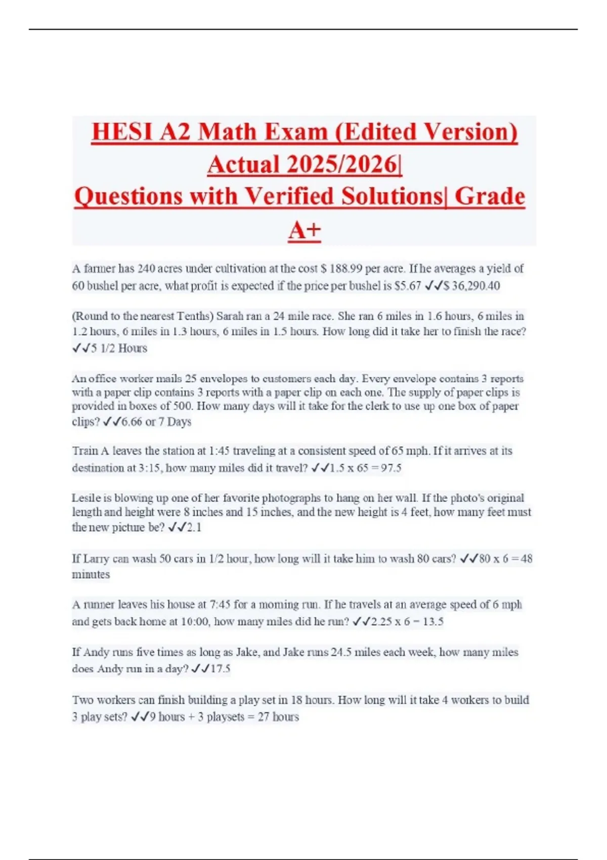 HESI A2 Math Exam (Edited Version) Actual 2025/2026| Questions with Verified Solutions| Grade A+ ...