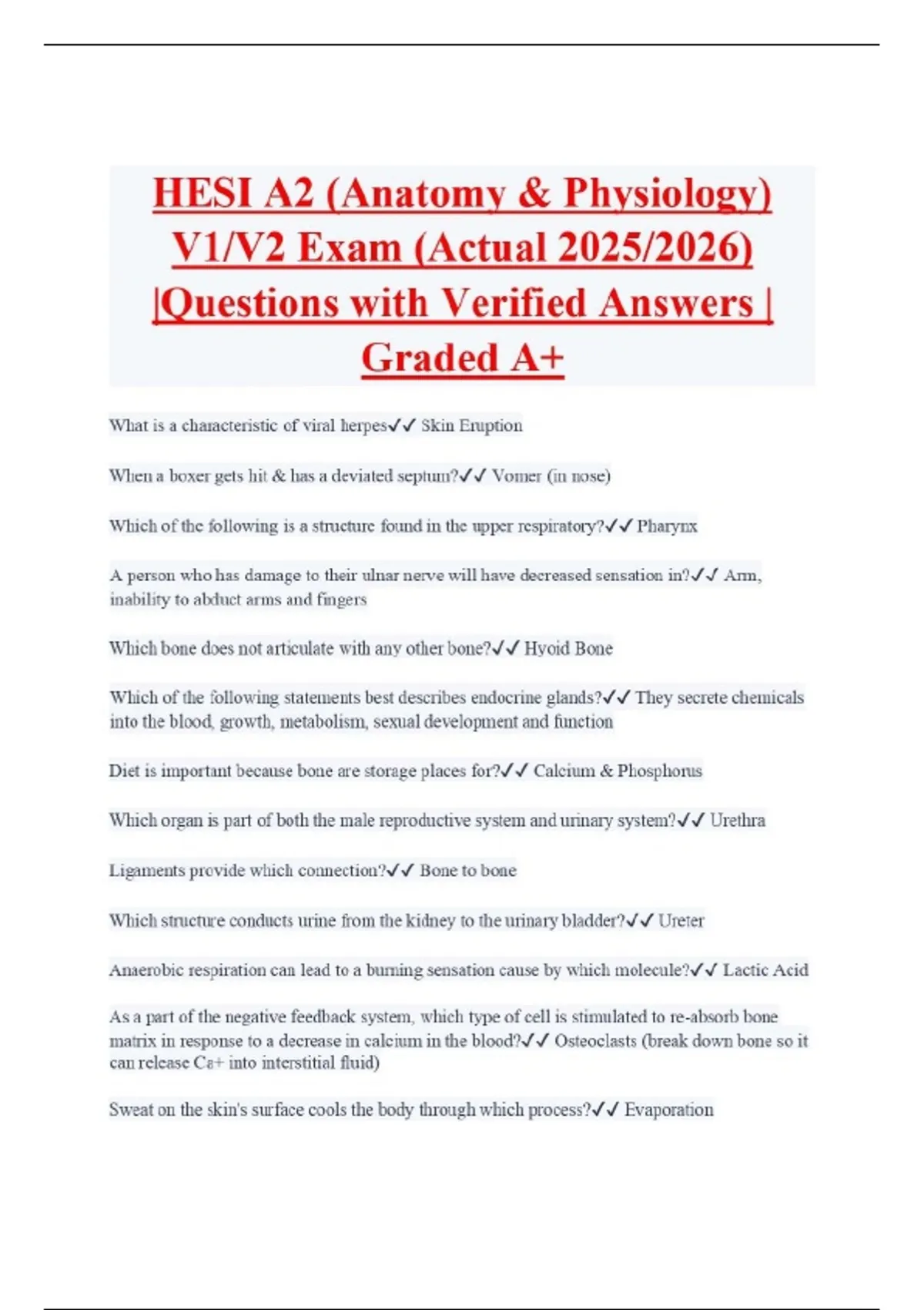 HESI A2 (Anatomy & Physiology) V1/V2 Exam (Actual 2025/2026) |Questions ...