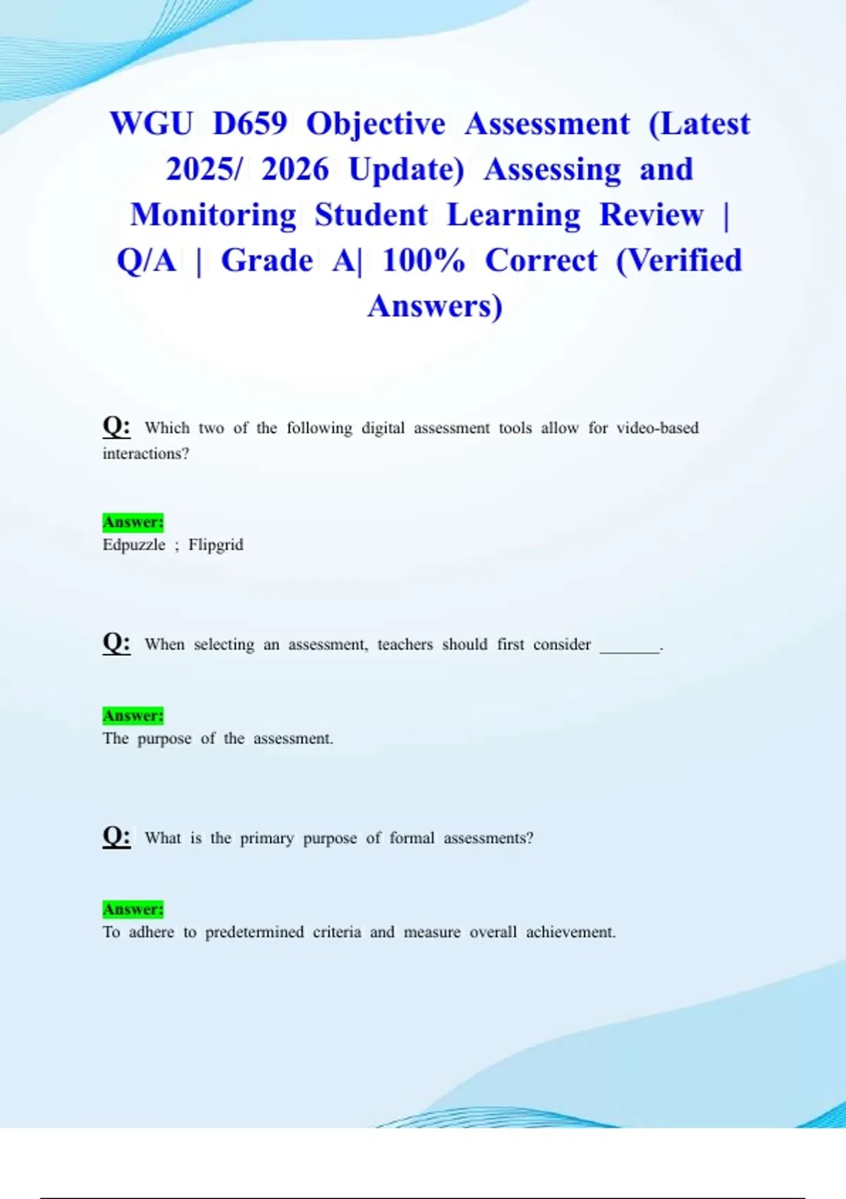 WGU D659 Objective Assessments., Pre- Assessments & Final Exams (Latest ...