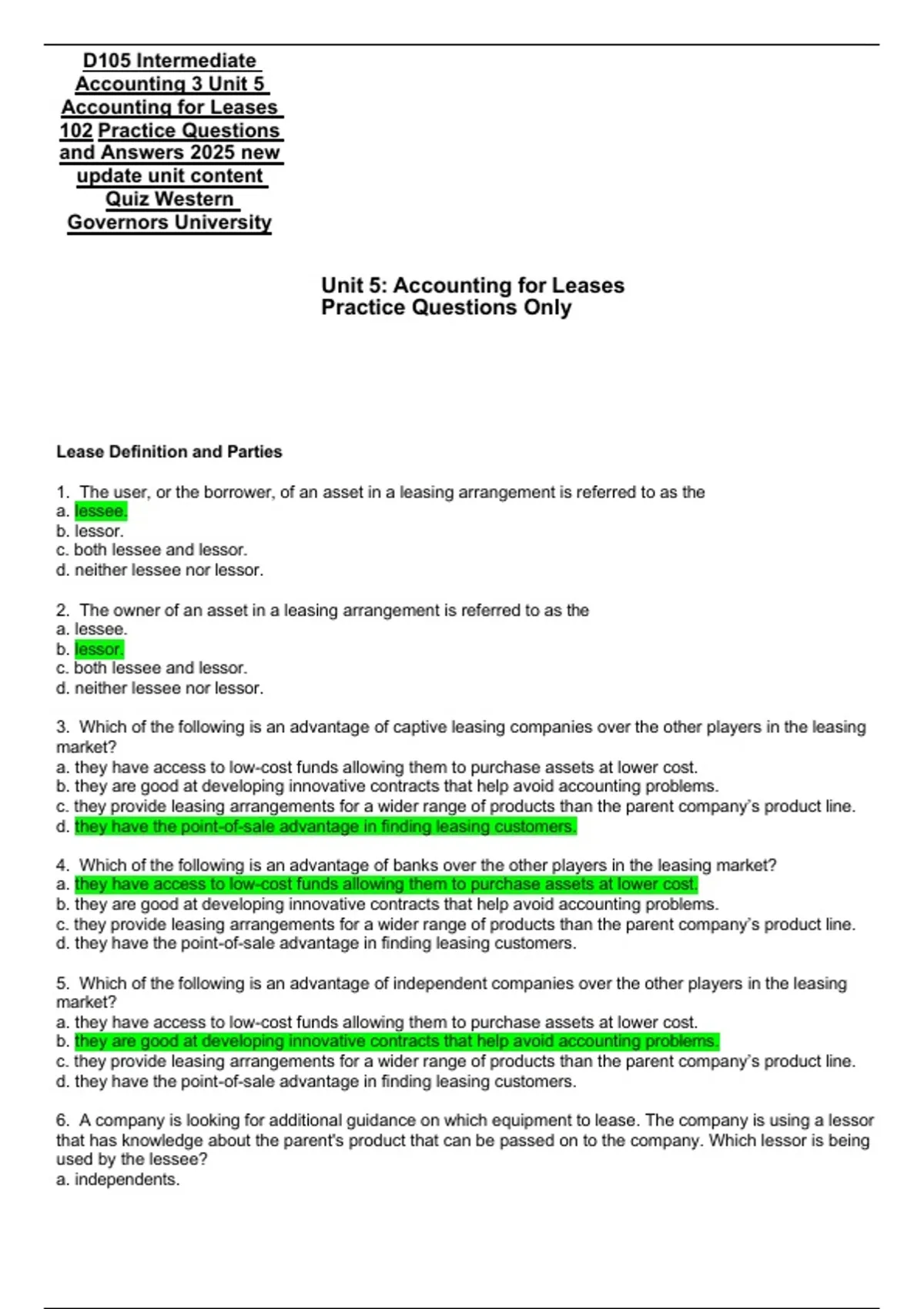 D105 Intermediate Accounting 3 Unit 5 Accounting for Leases 102 ...