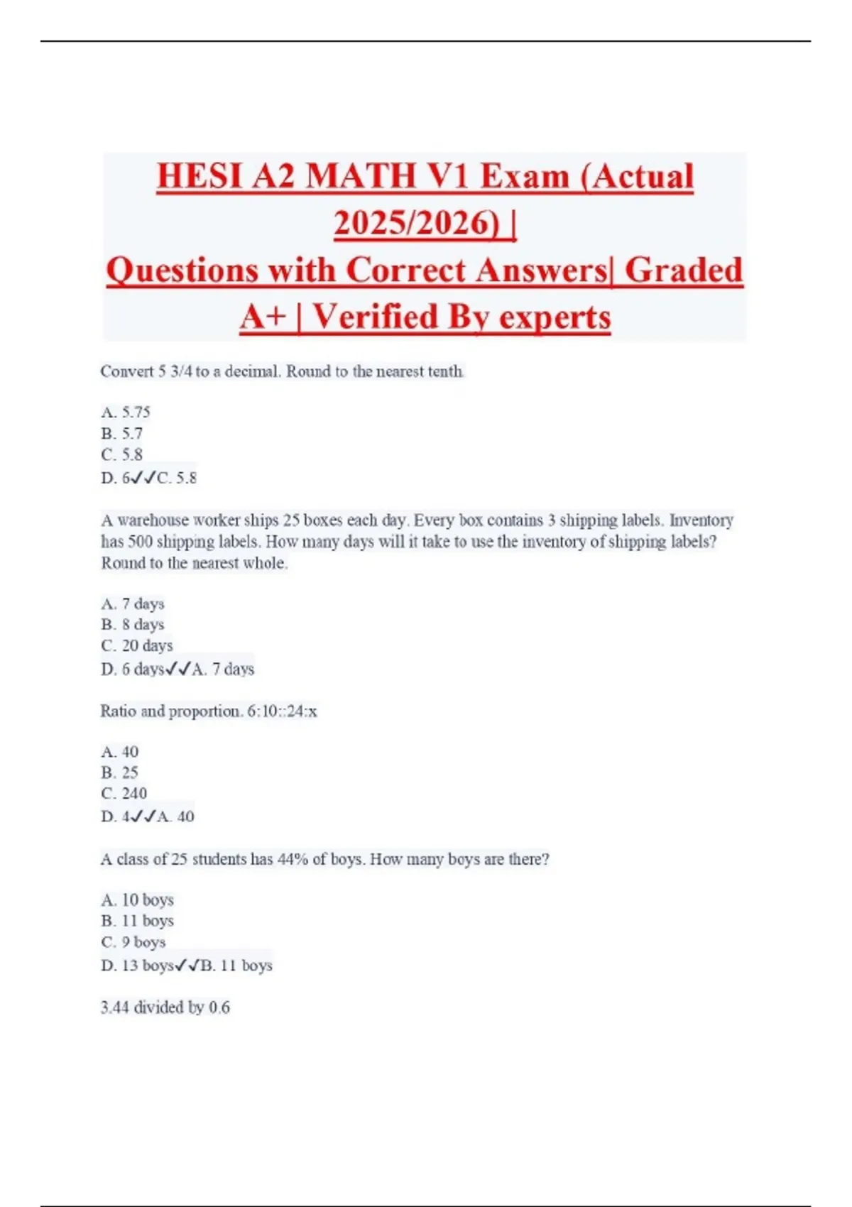 HESI A2 MATH V1 Exam (Actual 2025/2026) | Questions with Correct ...