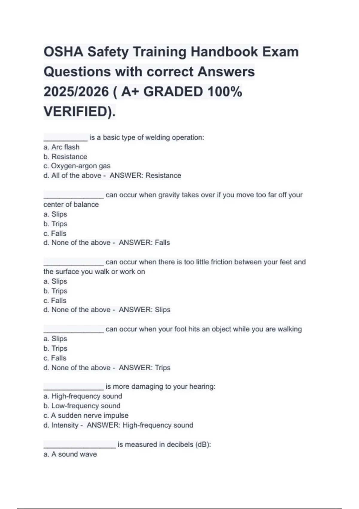 OSHA Safety Training Handbook Exam Questions with correct Answers 2025/ ...