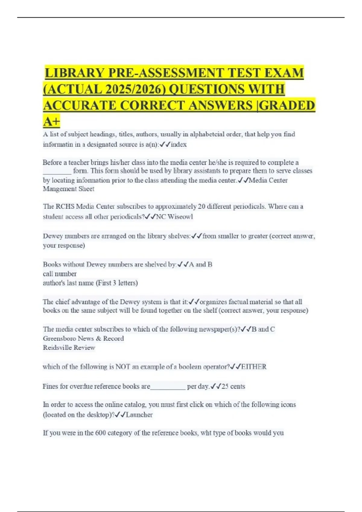 LIBRARY PRE-ASSESSMENT TEST EXAM (ACTUAL 2025/2026) QUESTIONS WITH ...