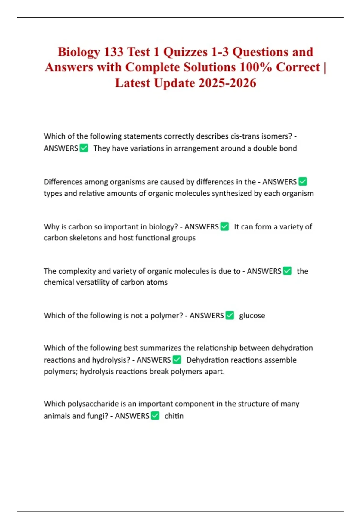 Biology 133 Test 1 Quizzes 1-3 Questions and Answers with Complete ...