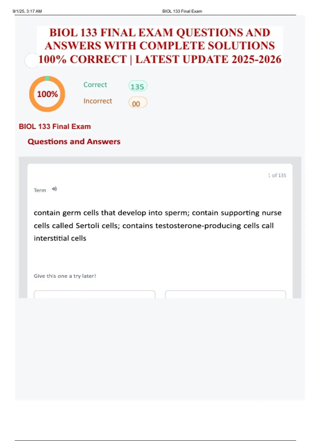 BIOL 133 FINAL EXAM QUESTIONS AND ANSWERS WITH COMPLETE SOLUTIONS 100% ...