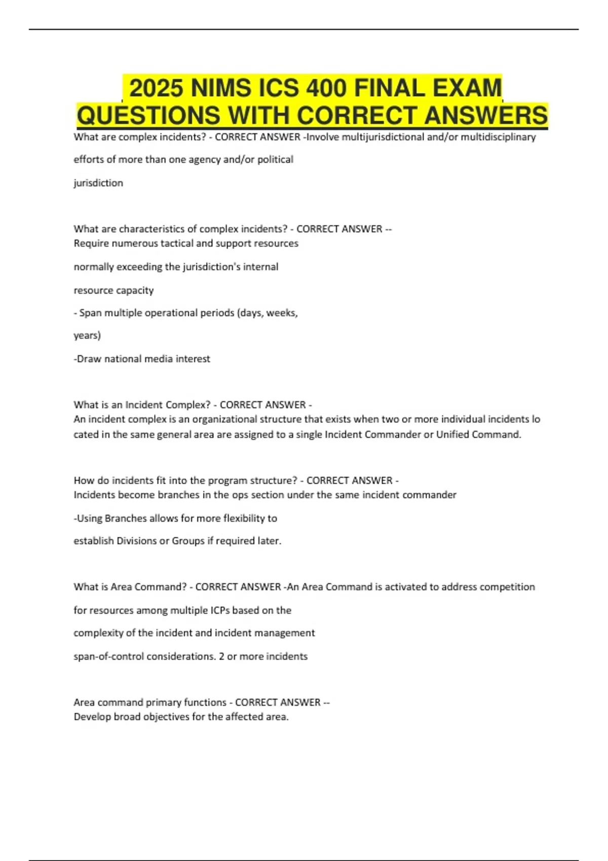 2025 NIMS ICS 400 Final Exam – Questions with Correct Answers (Updated ...