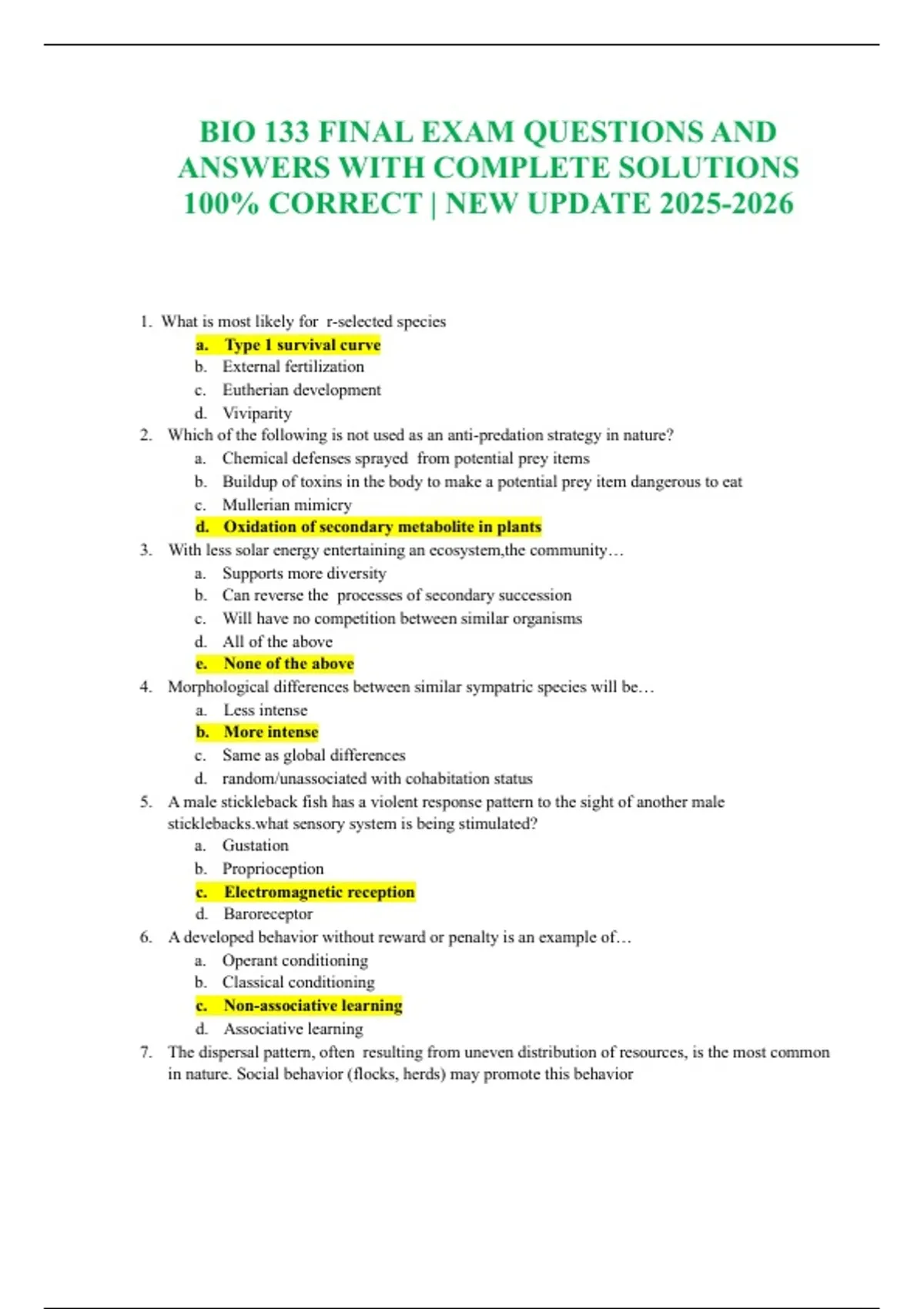 BIO 133 FINAL EXAM | 60 QUESTIONS AND ANSWERS WITH COMPLETE SOLUTIONS ...