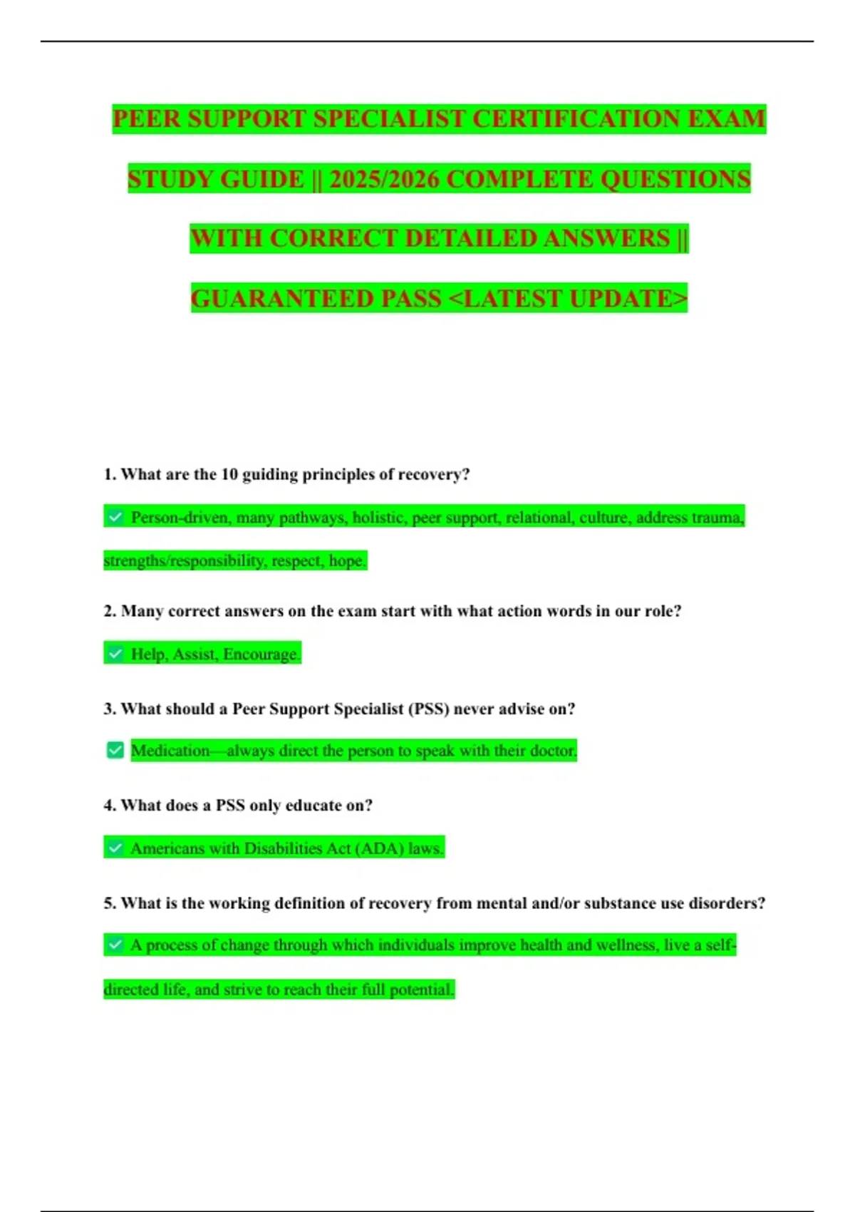 PEER SUPPORT SPECIALIST CERTIFICATION EXAM STUDY GUIDE || 2025/2026 ...