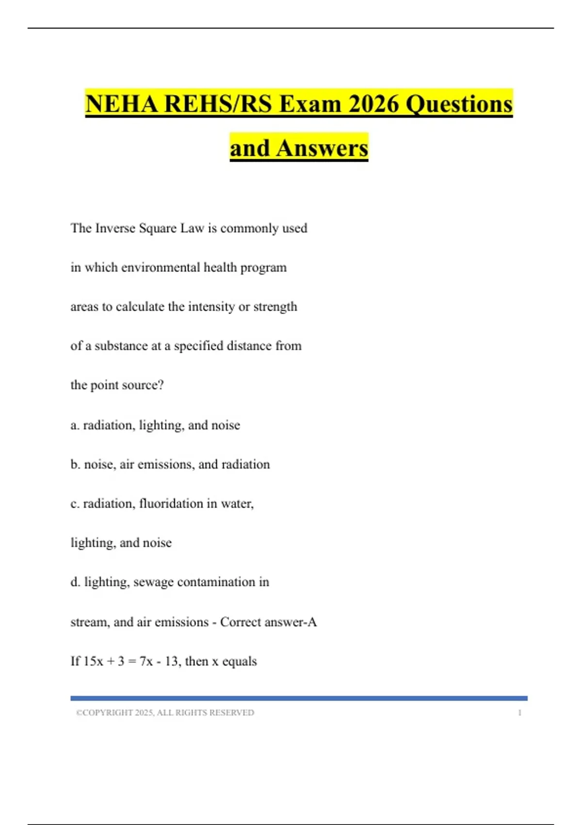 NEHA REHS/RS Exam 2026 Questions and Answers - NEHA REHS/RS - Stuvia US