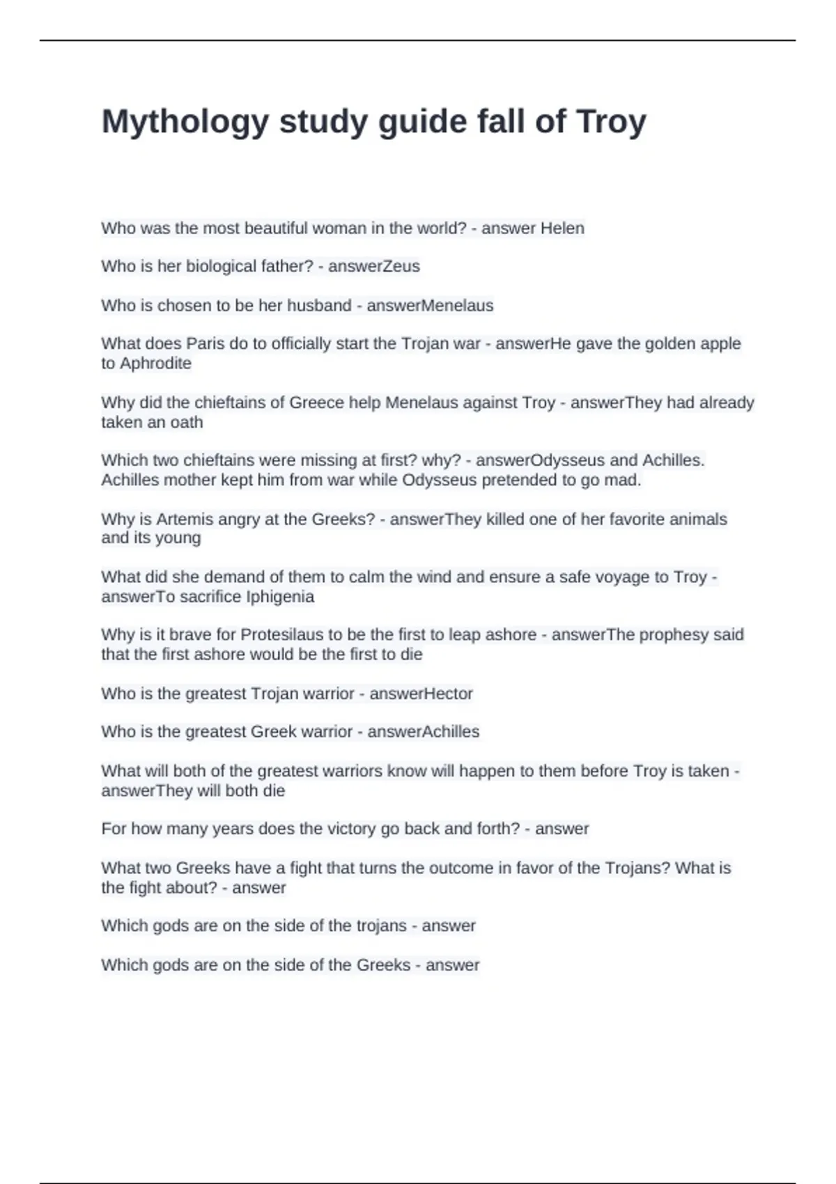 Mythology study guide fall of Troy Questions and Answers 100% Correct ...