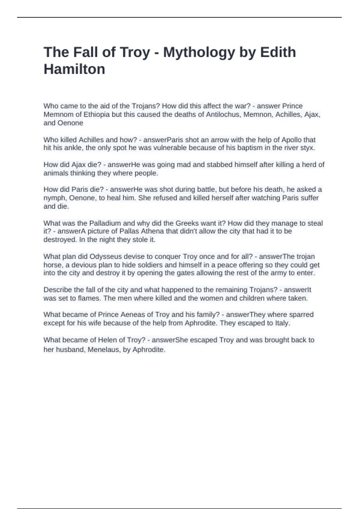 The Fall of Troy - Mythology by Edith Hamilton Questions with Accurate ...