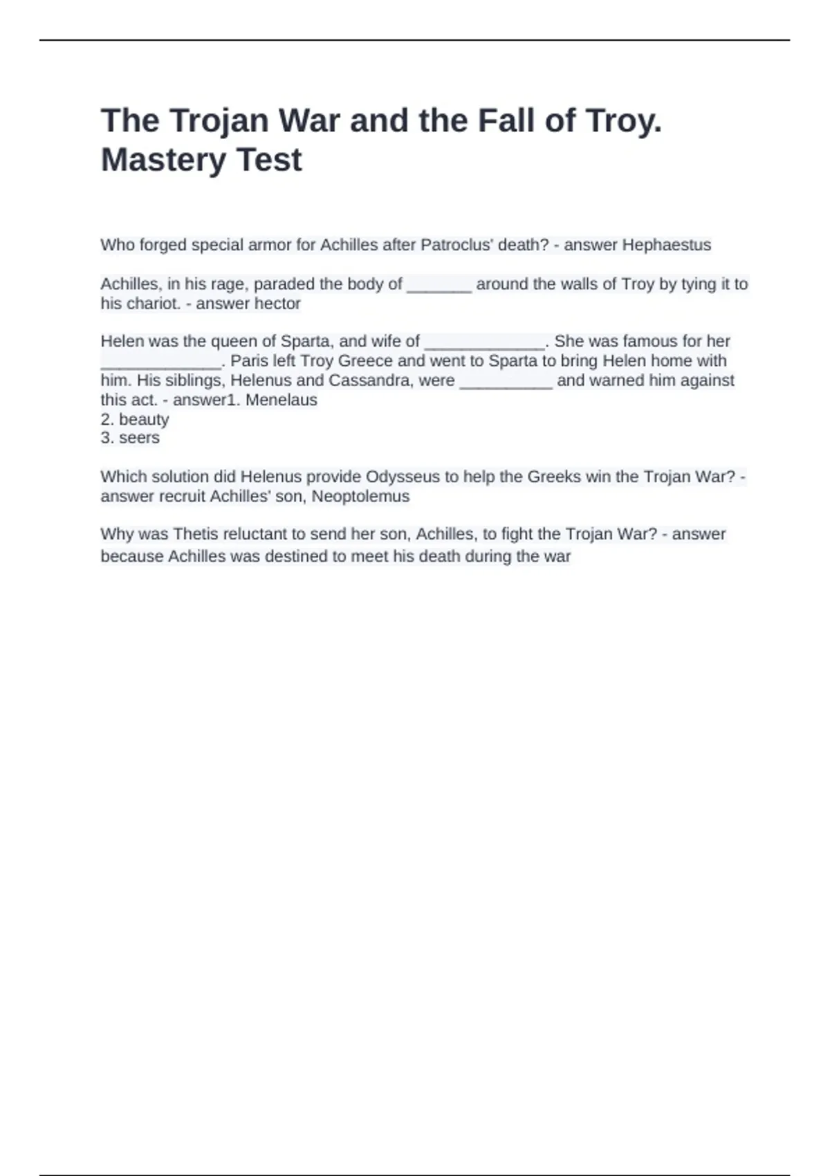 The Trojan War and the Fall of Troy. Mastery Test Questions and Answers ...