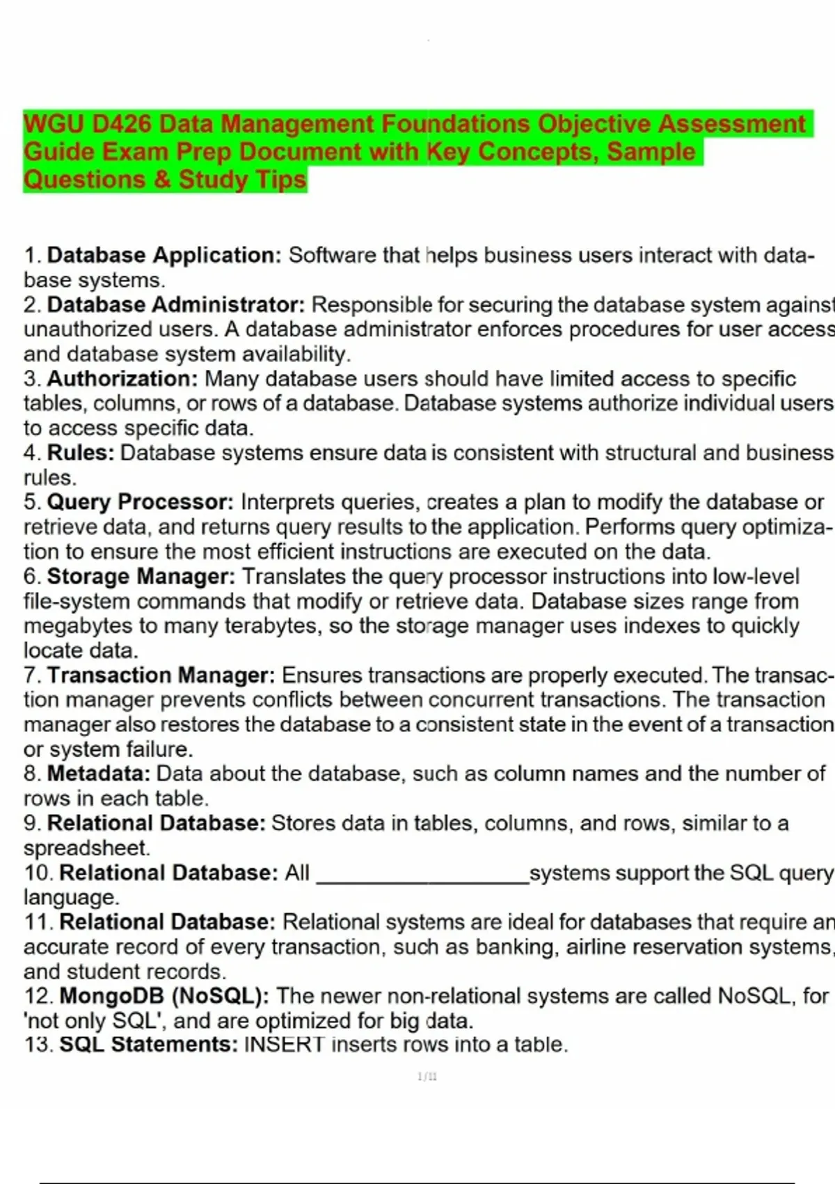 WGU D426 Data Management Foundations Objective Assessment Guide Exam Prep Document with Key ...