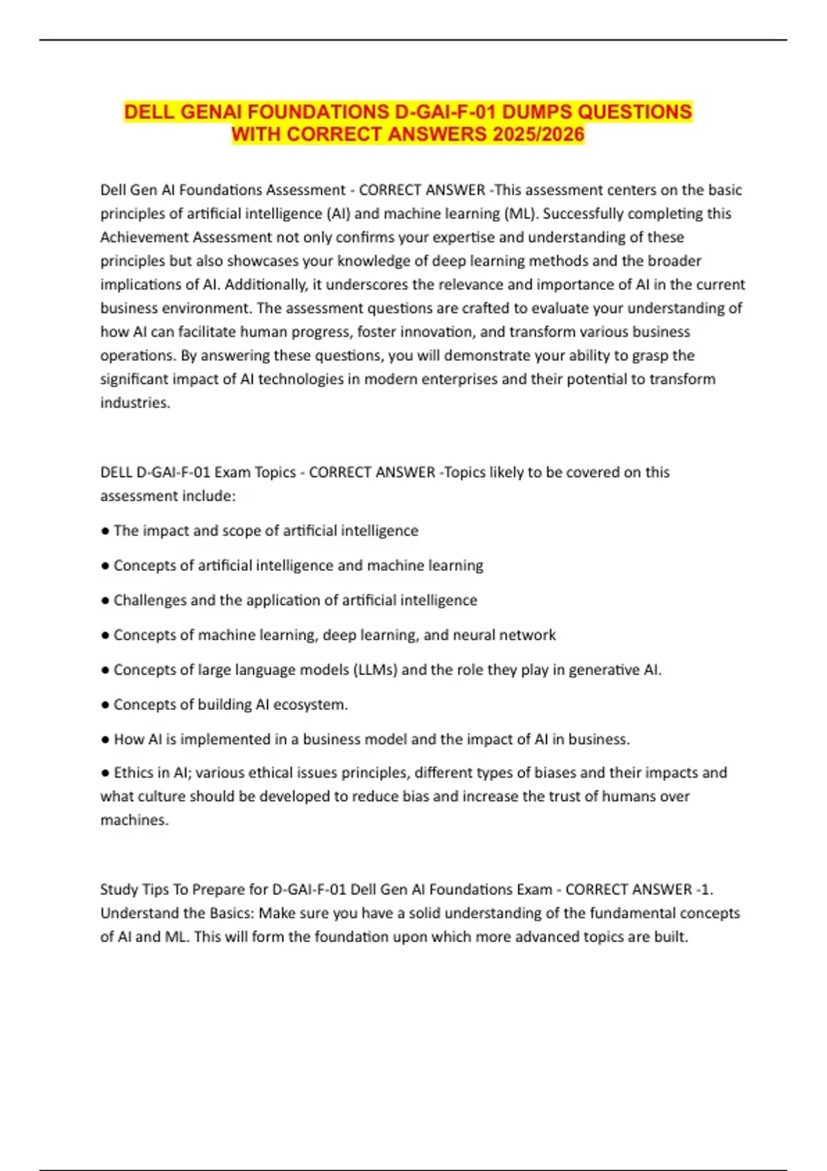 DELL GENAI FOUNDATIONS D-GAI-F-01 DUMPS QUESTIONS WITH CORRECT ANSWERS 2025/2026 - DELL GENAI ...