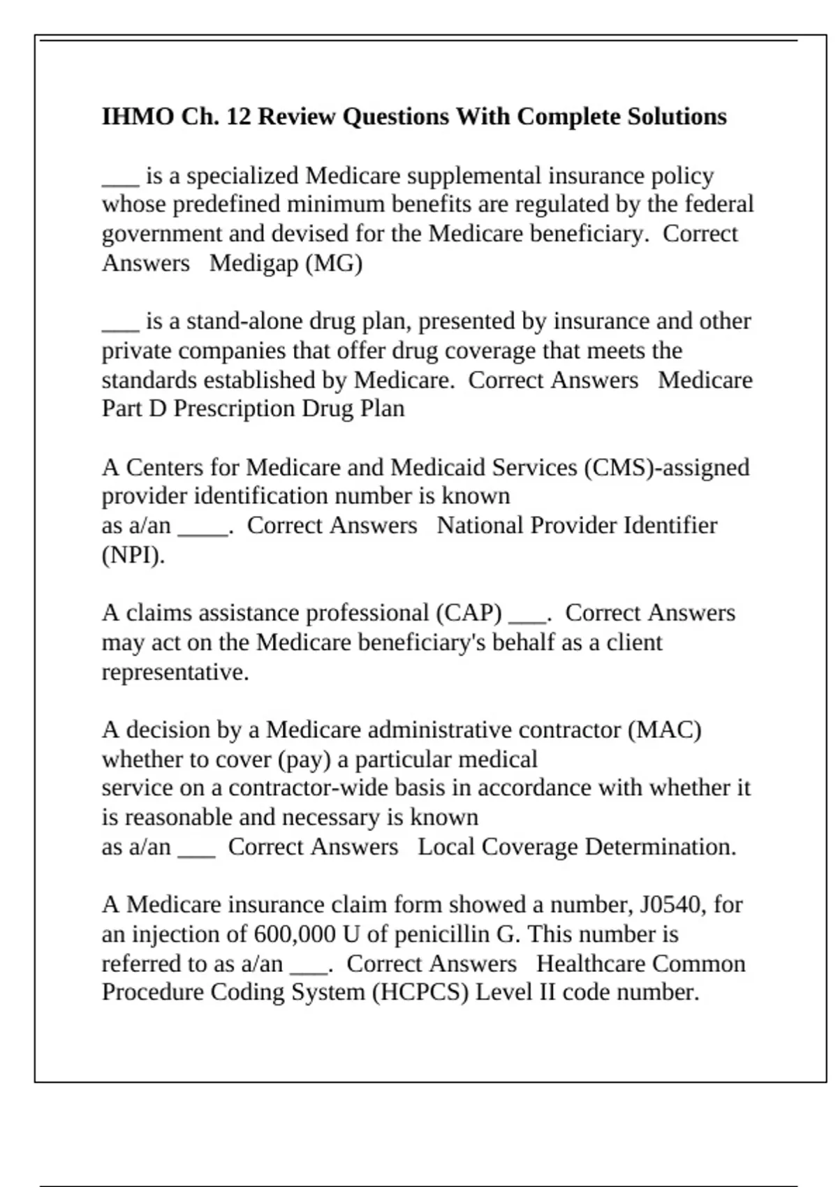 IHMO Ch. 12 Review Questions With Complete Solutions - IHMO - Stuvia US