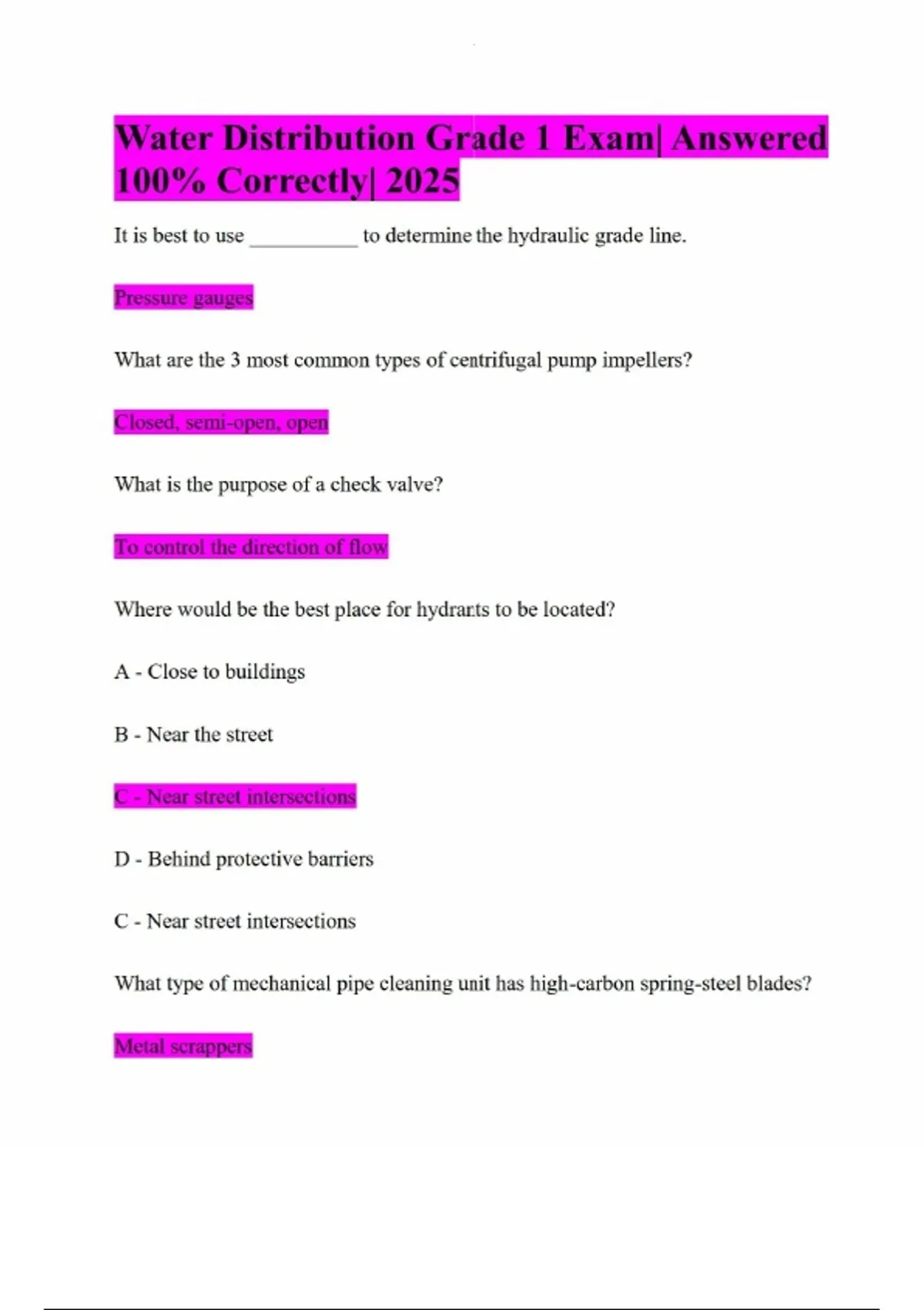 Water Distribution Grade 1 Exam| Answered 100% Correctly| 2025 - Water ...