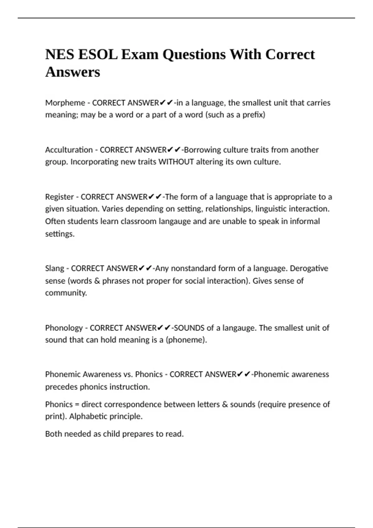 NES ESOL Exam Questions With Correct Answers - ESOL - Stuvia US