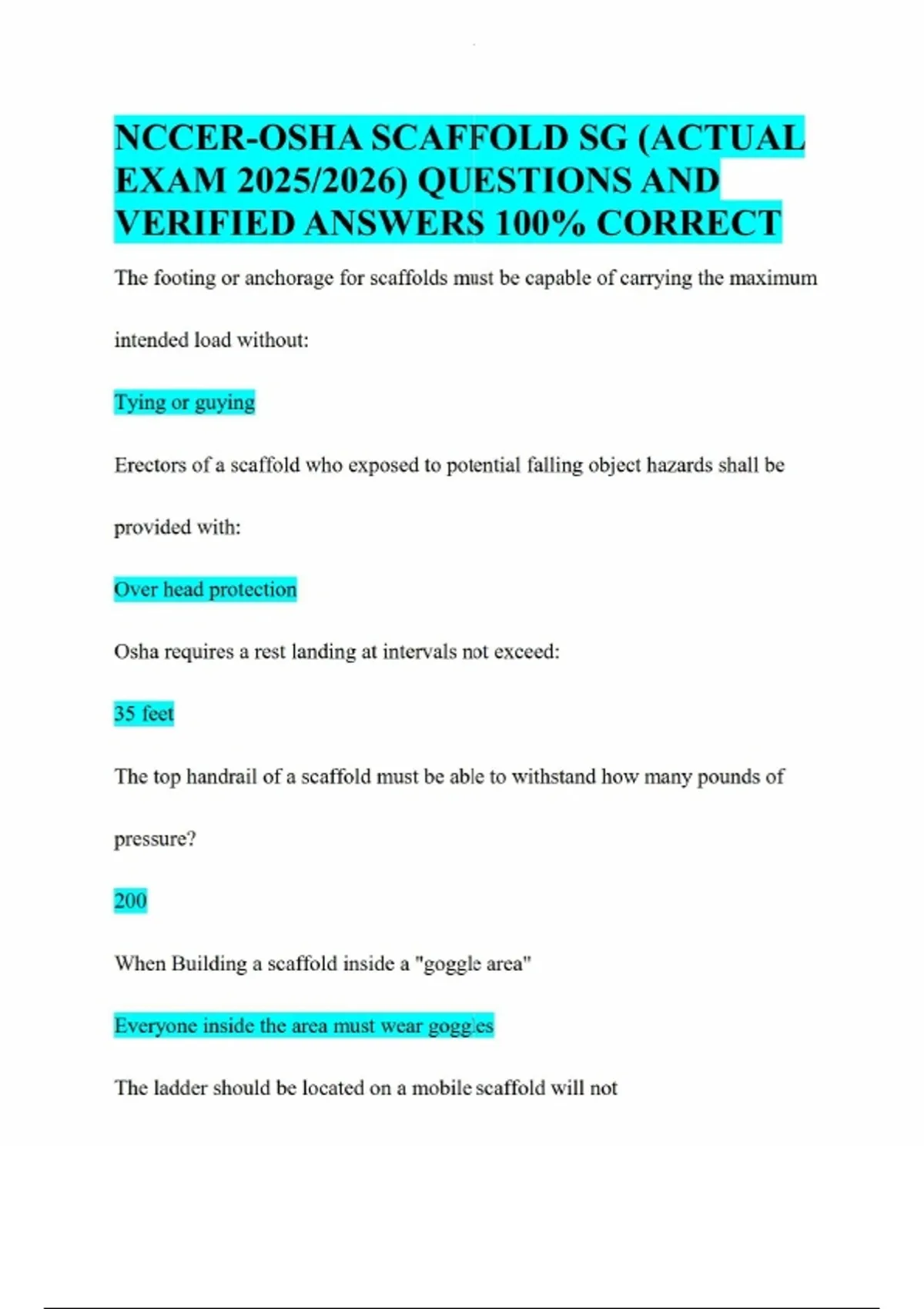 NCCER-OSHA SCAFFOLD SG (ACTUAL EXAM)|NCCER Module 1 Terms|NCCER Scaffolding |NCCER SCAFFOLDING ...