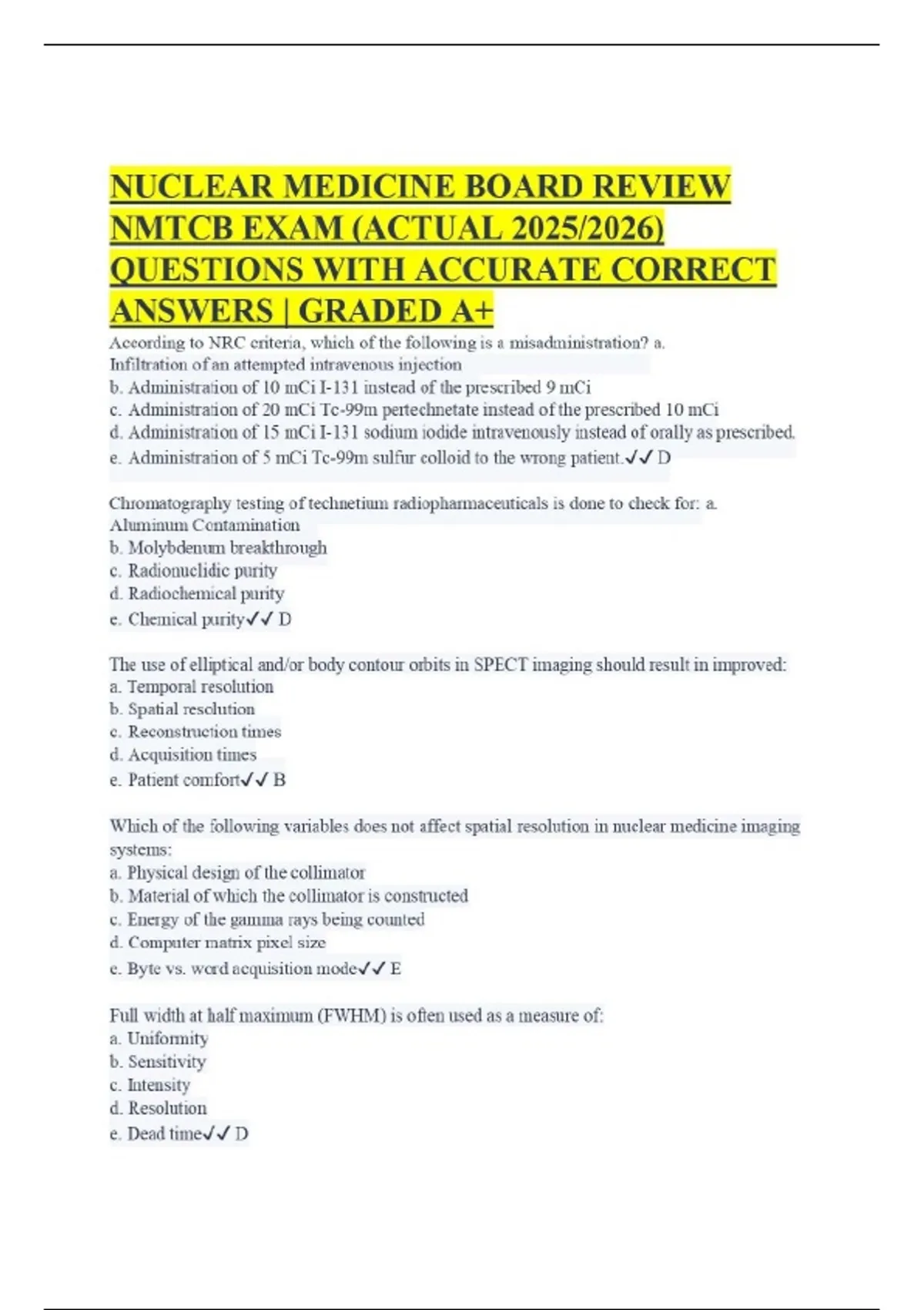 NUCLEAR MEDICINE BOARD REVIEW NMTCB EXAM (ACTUAL 2025/2026) QUESTIONS ...