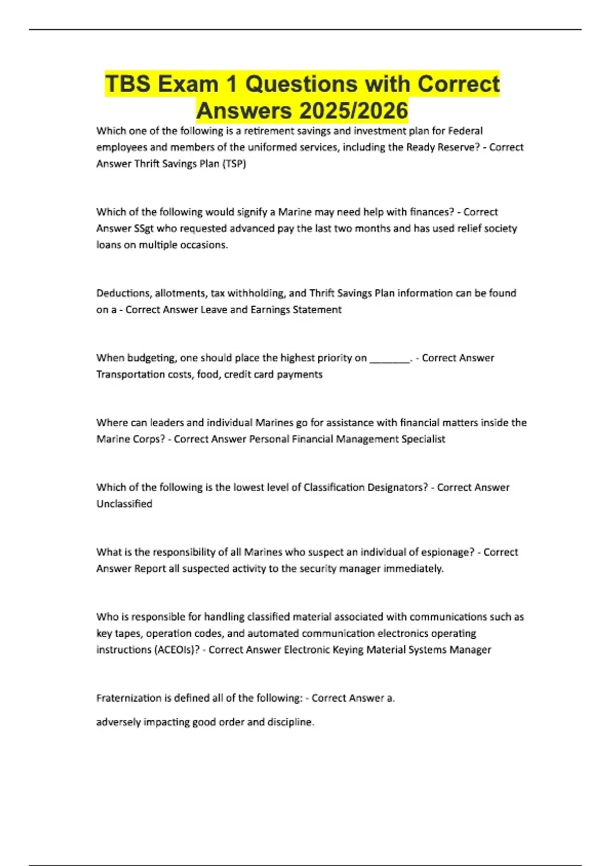 TBS Exam 1 Questions with Correct Answers 2025/2026 - TBS - Stuvia US