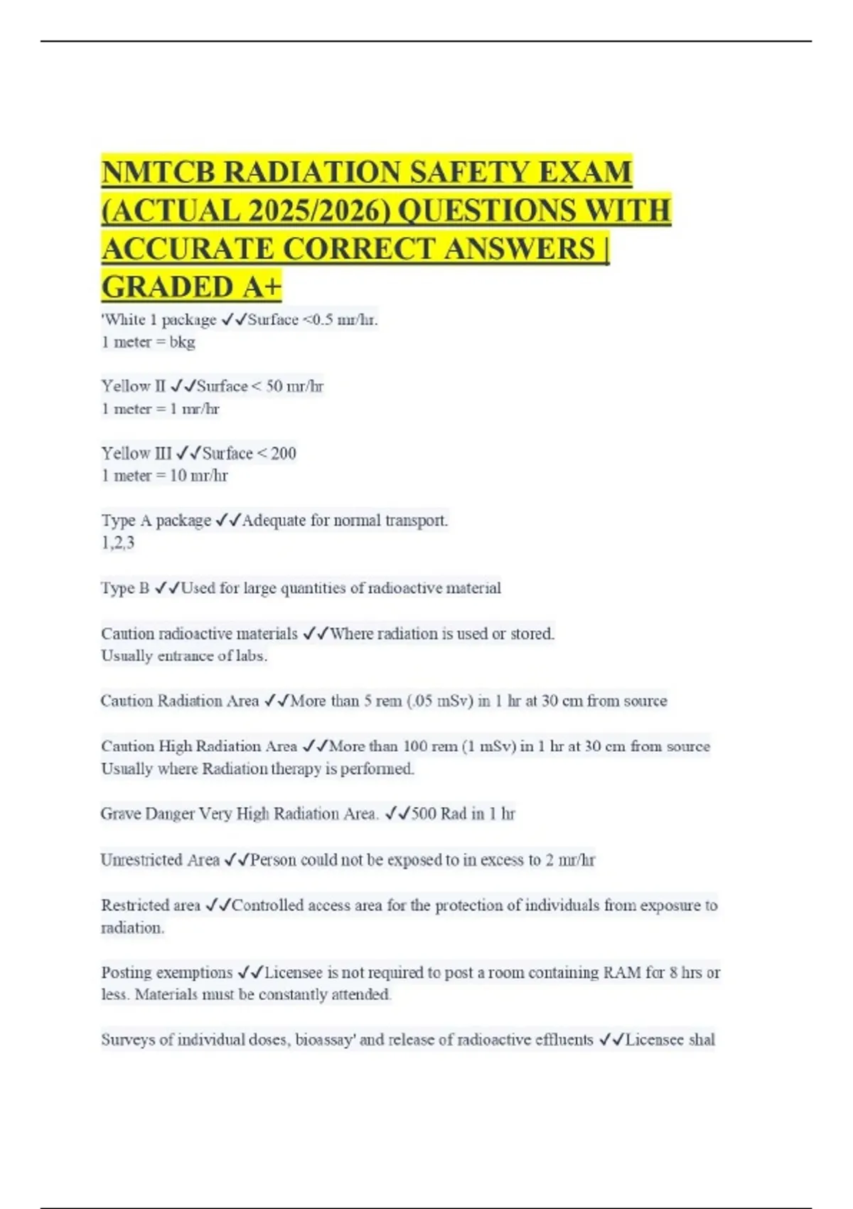 NMTCB RADIATION SAFETY EXAM (ACTUAL 2025/2026) QUESTIONS WITH ACCURATE ...