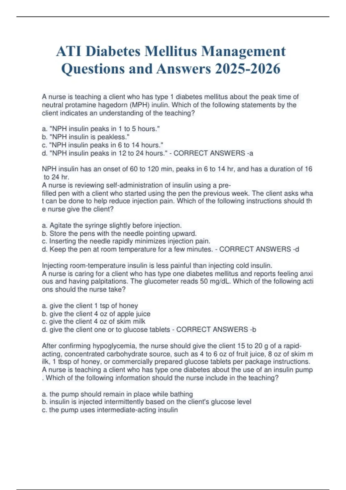 ATI Diabetes Mellitus Management Questions and Answers - ATI DIABETES ...