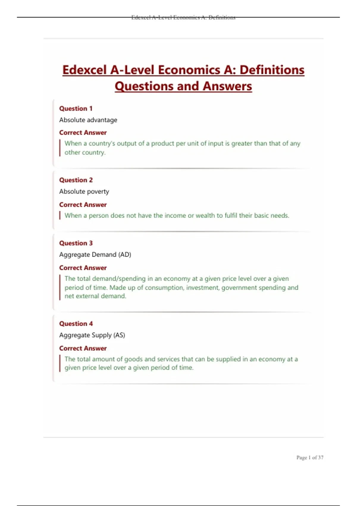 Edexcel A-Level Economics A: Definitions Questions and Answers ...