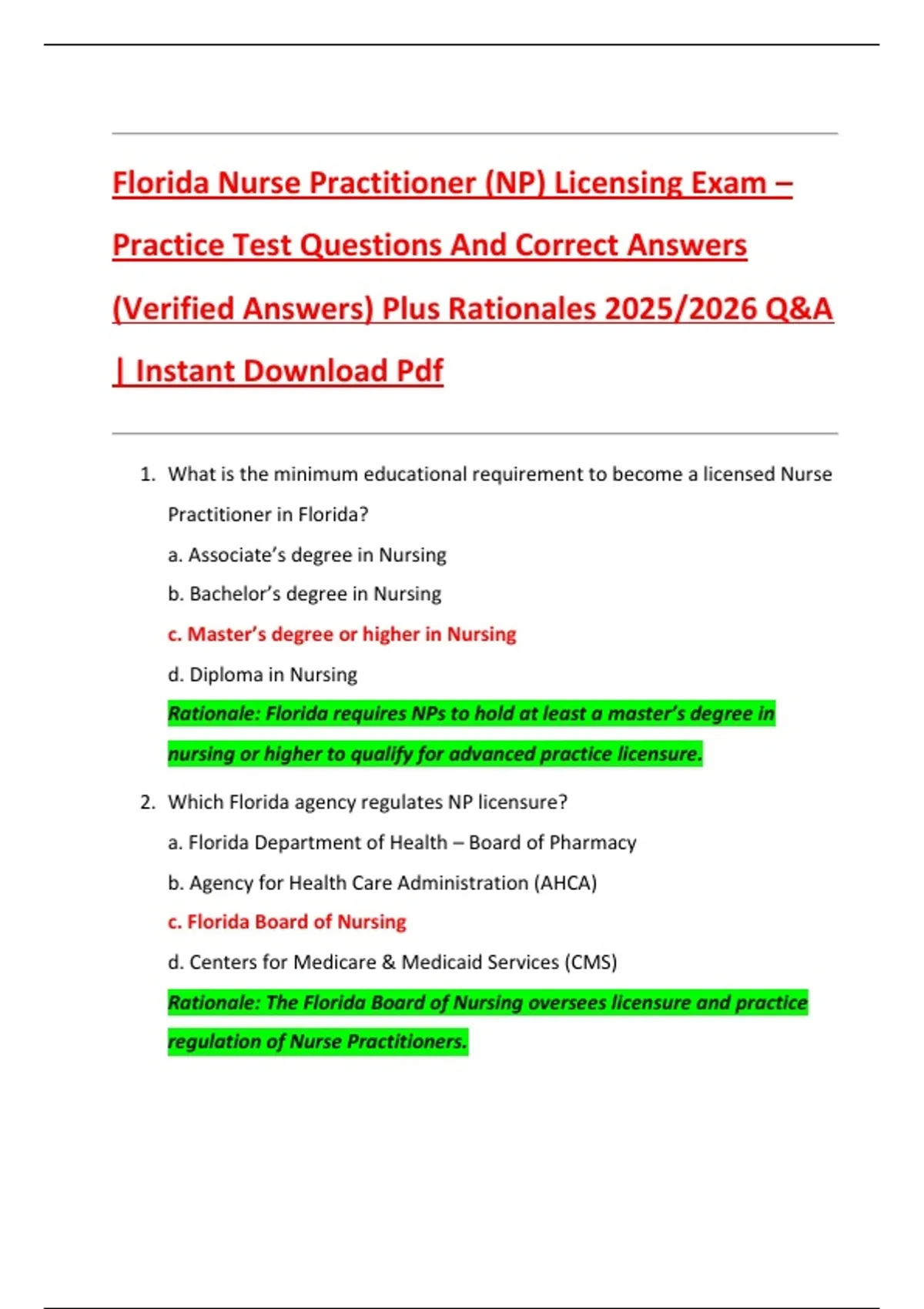 Florida Nurse Practitioner (NP) Licensing Exam – Practice Test ...