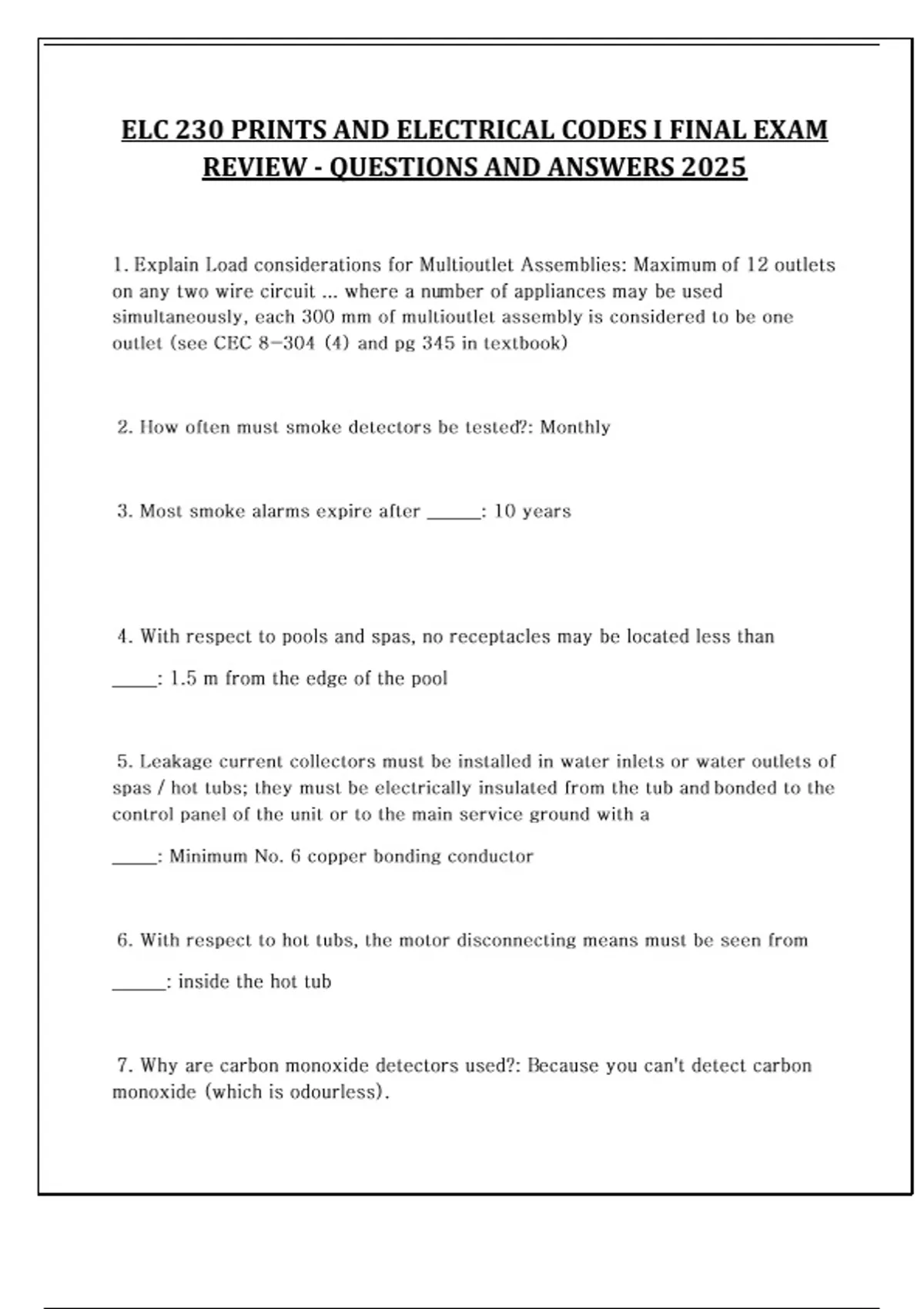 ELC 230 PRINTS AND ELECTRICAL CODES I FINAL EXAM REVIEW - QUESTIONS AND ...