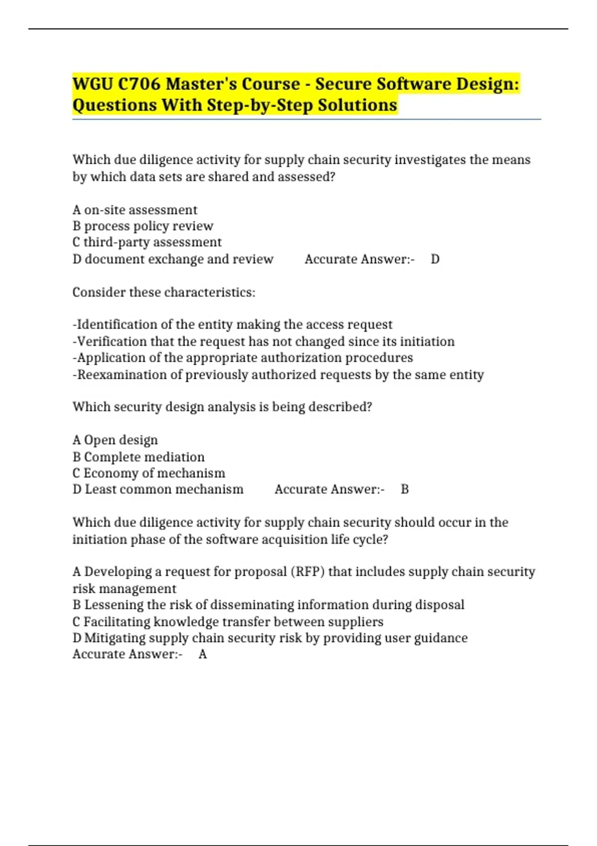WGU C706 Master's Course - Secure Software Design: Questions With Step-by-Step Solutions - WGU ...