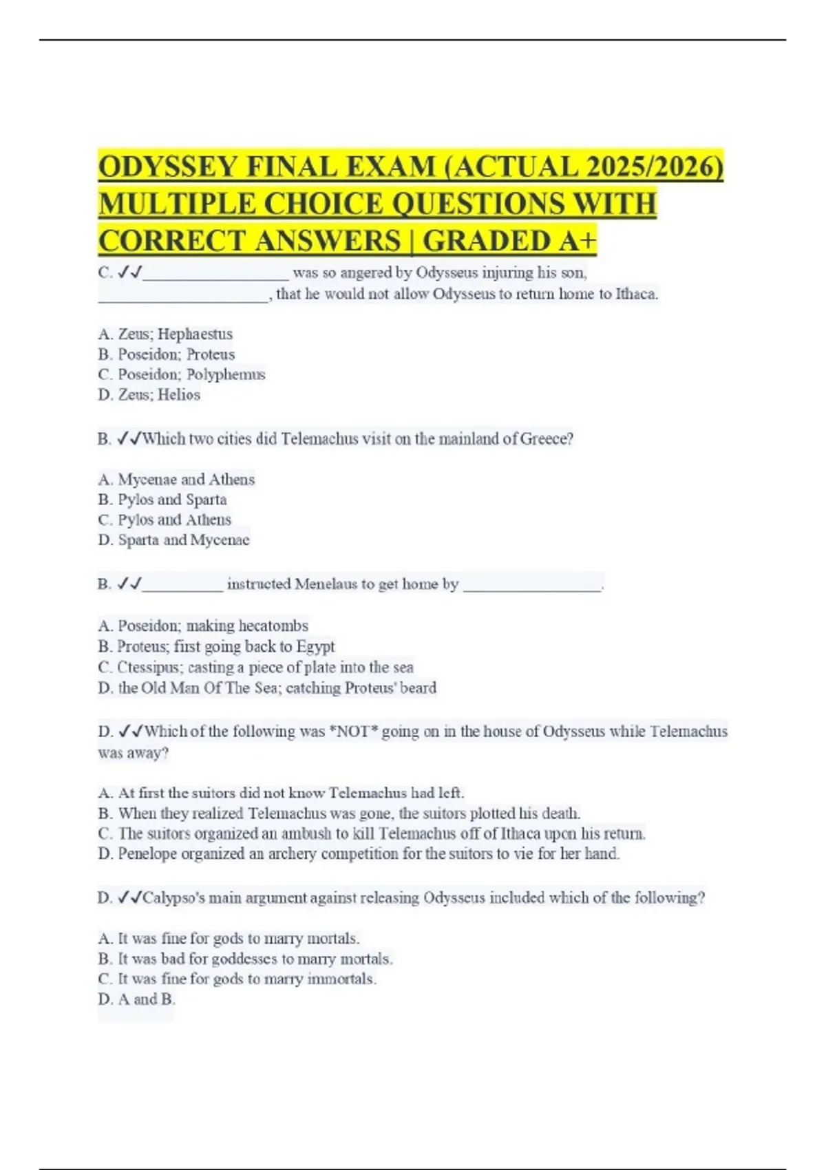 ODYSSEY FINAL EXAM (ACTUAL 2025/2026) MULTIPLE CHOICE QUESTIONS WITH ...