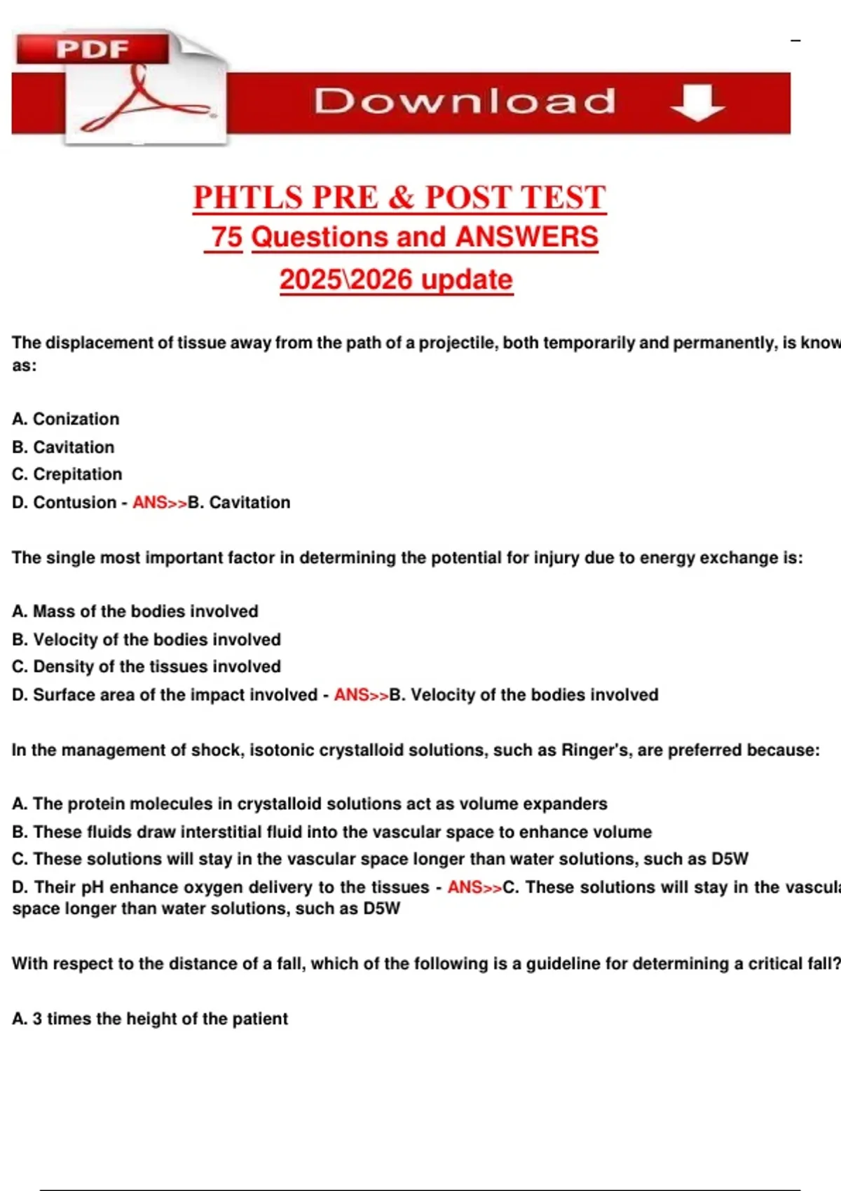 PHTLS PRE & POST TEST 75 Questions and ANSWERS update - PHTLS 10th ...