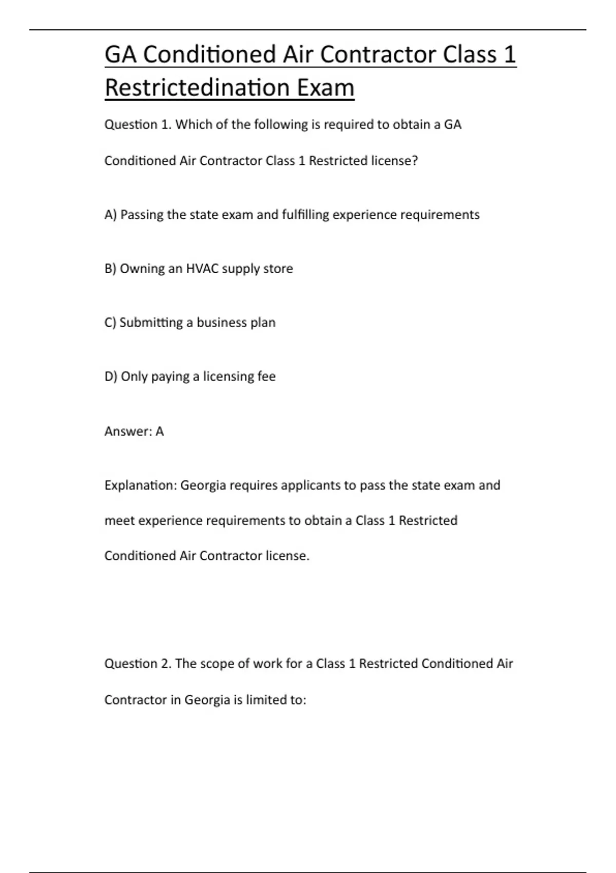 GA Conditioned Air Contractor Class 1 Restrictedination Exam ...