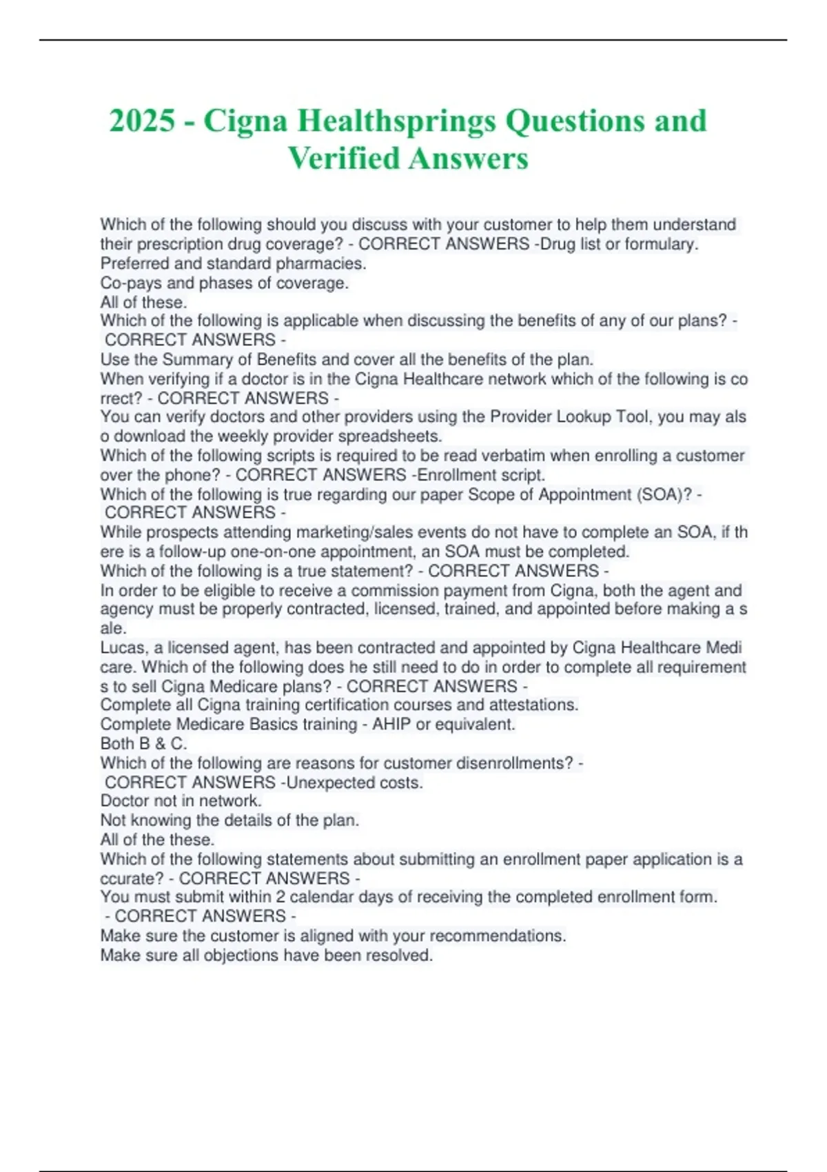 2025 - Cigna Healthsprings Questions and Verified Answers - CIGNA ...