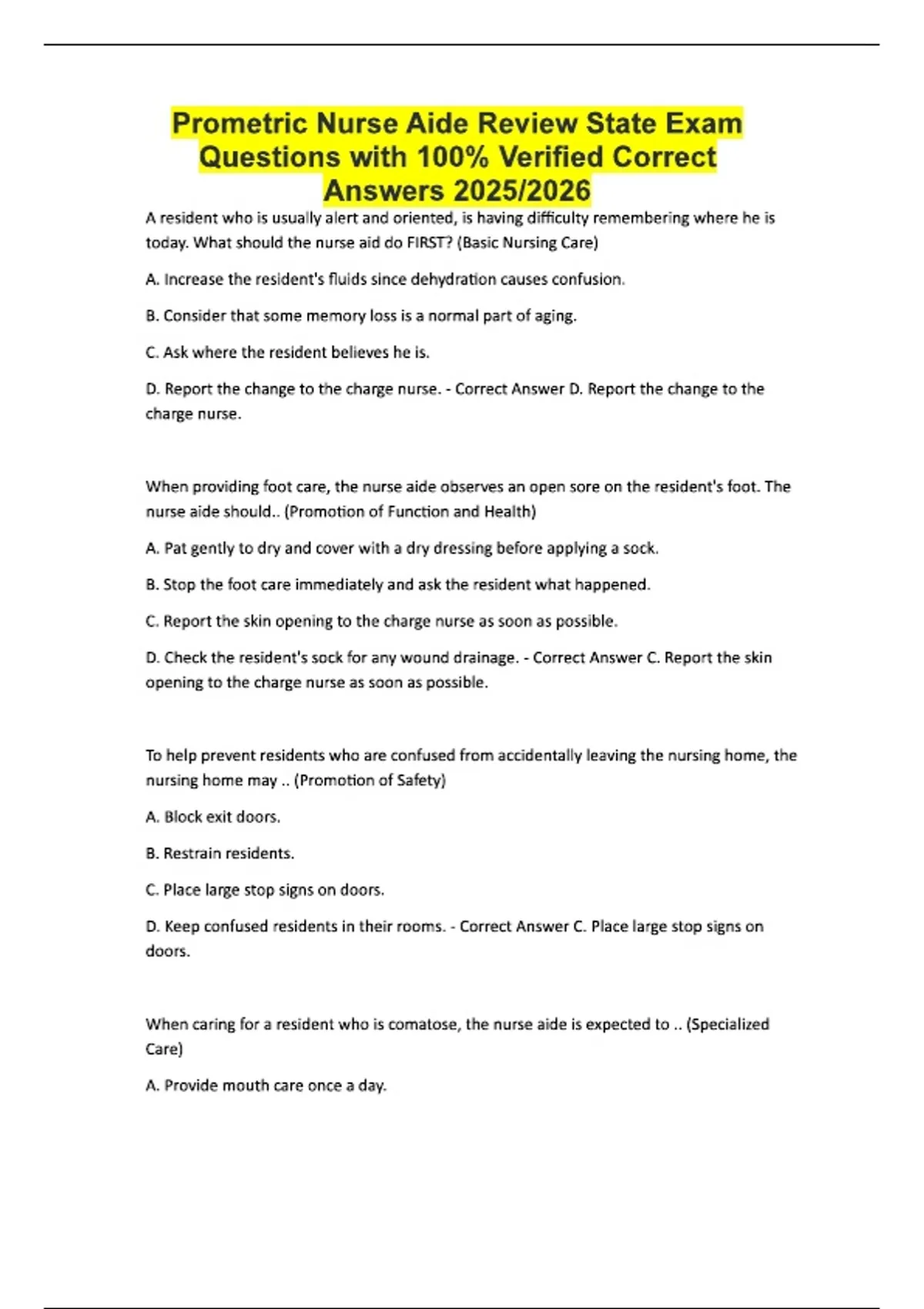 Prometric Nurse Aide Review State Exam Questions with 100% Verified ...