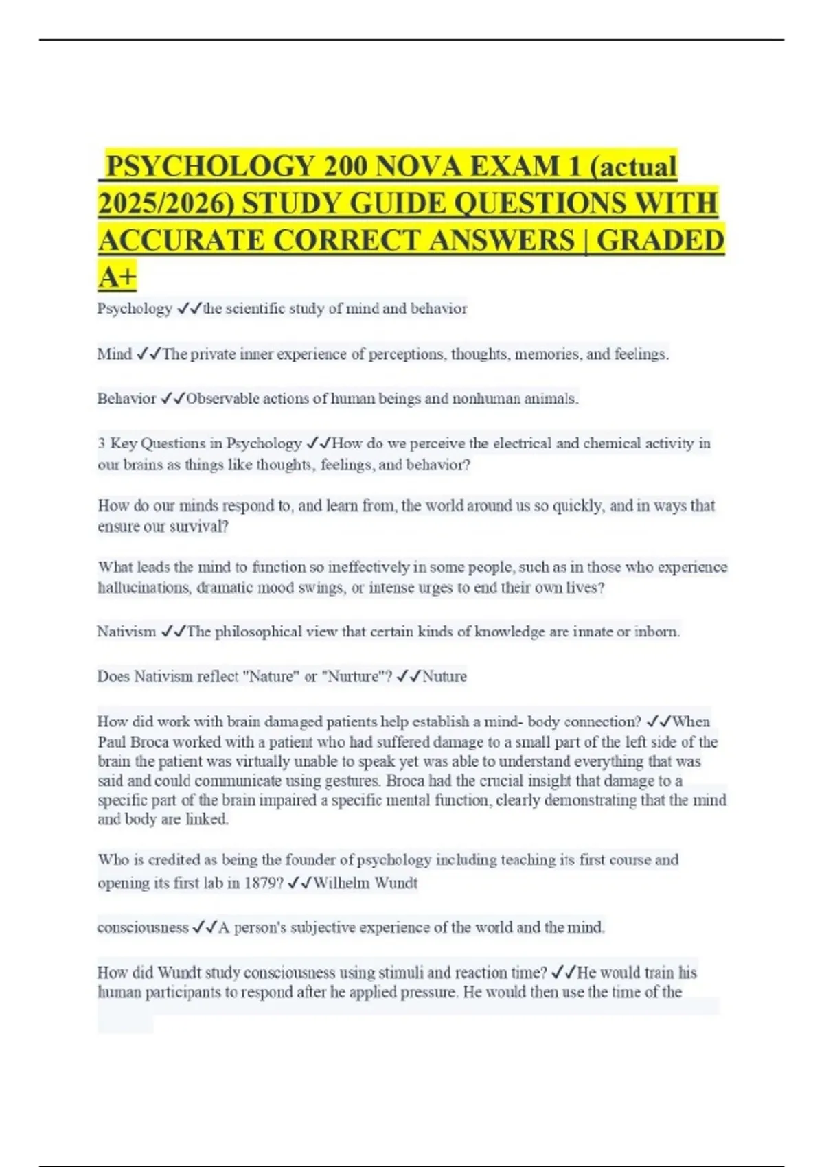 PSYCHOLOGY 200 NOVA EXAM 1 (actual 2025/2026) STUDY GUIDE QUESTIONS ...