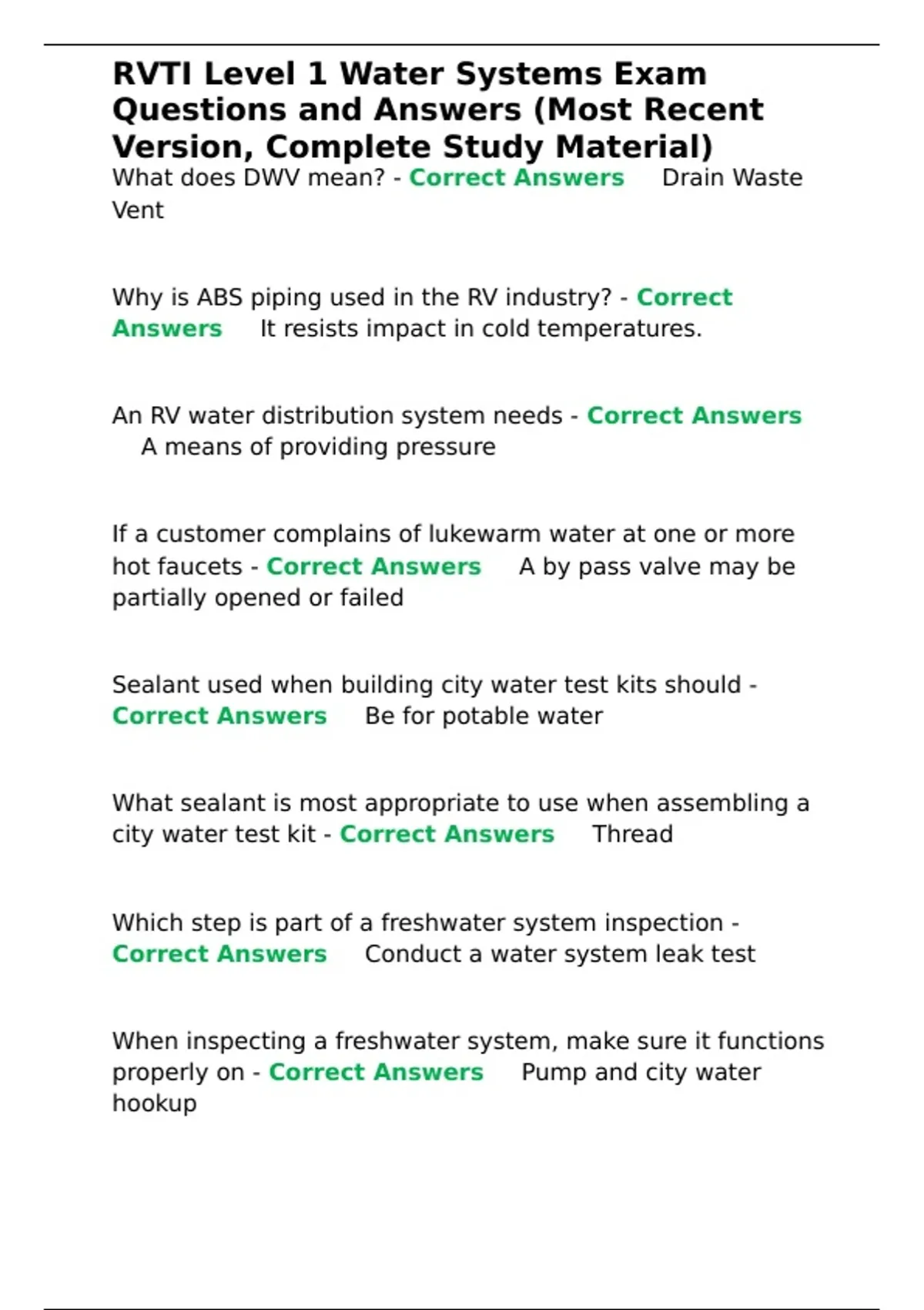 RVTI Level 1 Water Systems Exam Questions and Answers (Most Recent ...