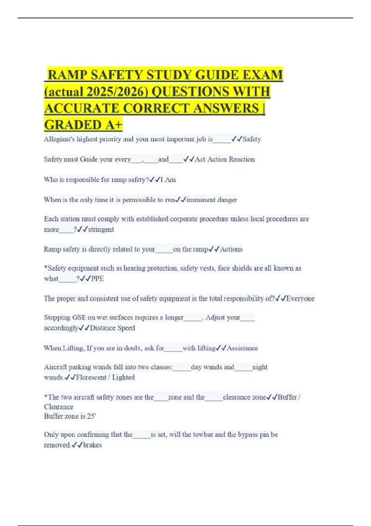 RAMP SAFETY STUDY GUIDE EXAM (actual 2025/2026) QUESTIONS WITH ACCURATE ...