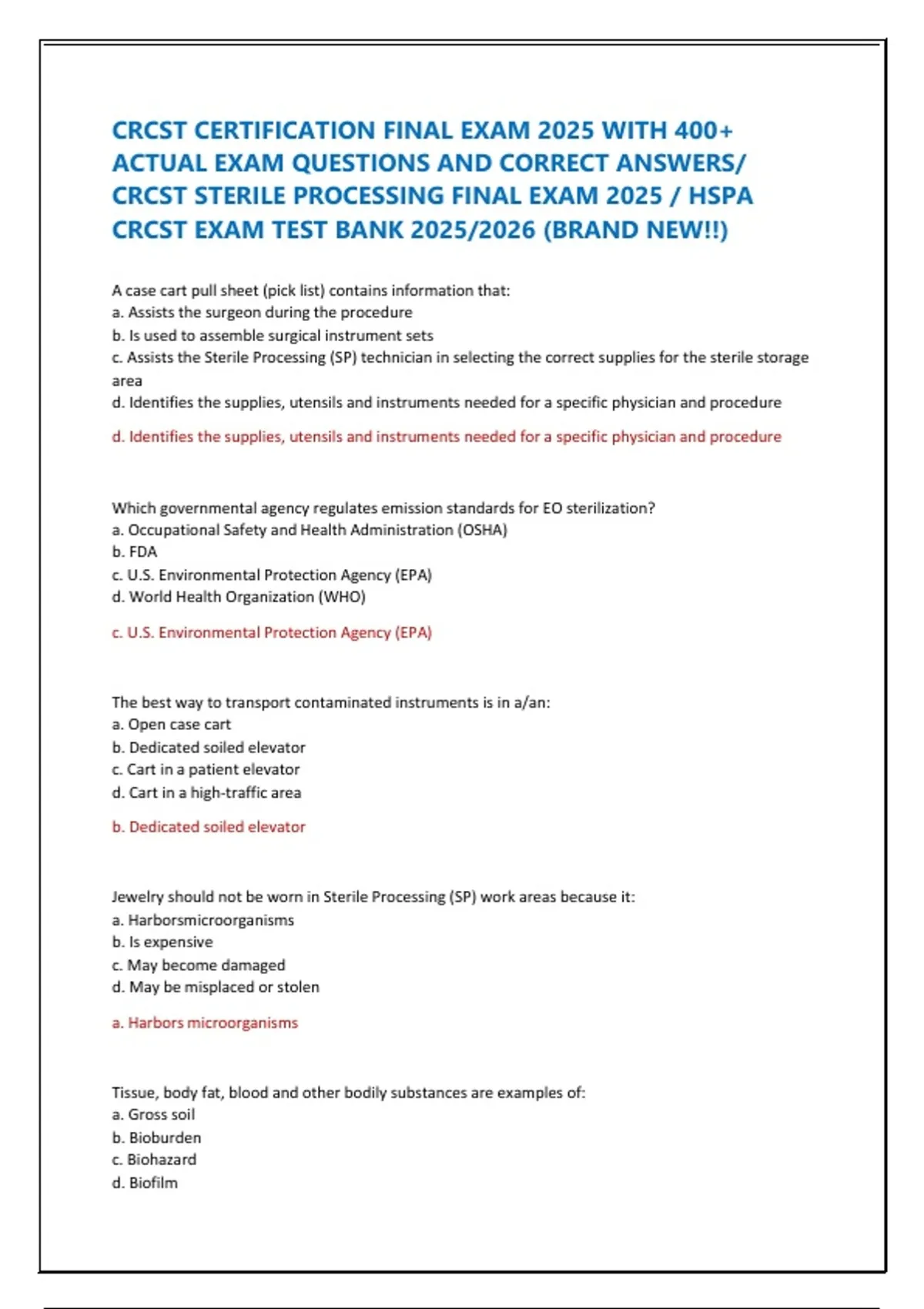 CRCST CERTIFICATION FINAL EXAM 2025 WITH 400+ ACTUAL EXAM QUESTIONS AND CORRECT ANSWERS/ CRCST ...