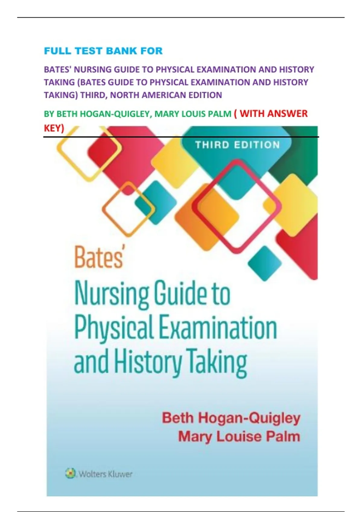 FULL TEST BANK FOR BATES' NURSING GUIDE TO PHYSICAL EXAMINATION AND ...
