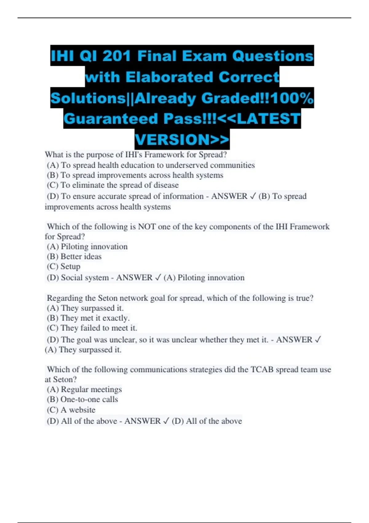IHI QI 201 Final Exam Questions with Elaborated Correct Solutions ...