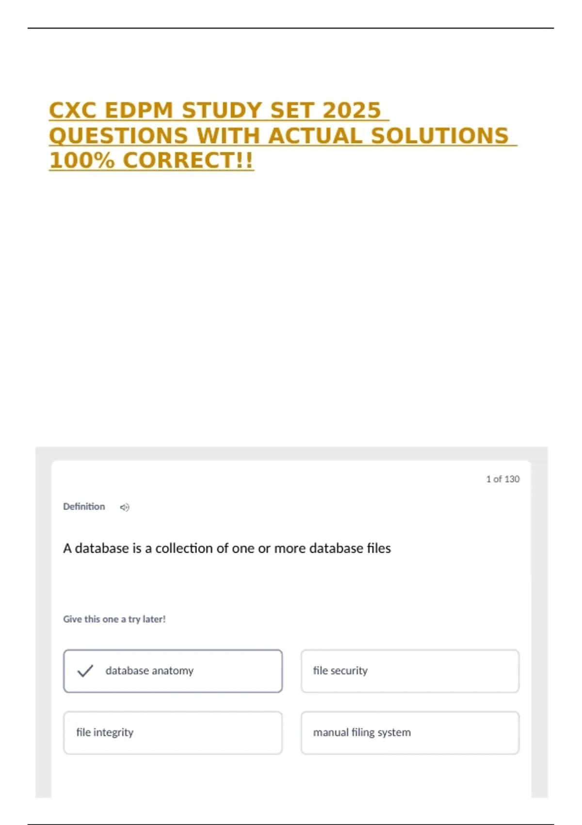 CXC EDPM STUDY SET 2025 QUESTIONS WITH ACTUAL SOLUTIONS 100% CORRECT ...